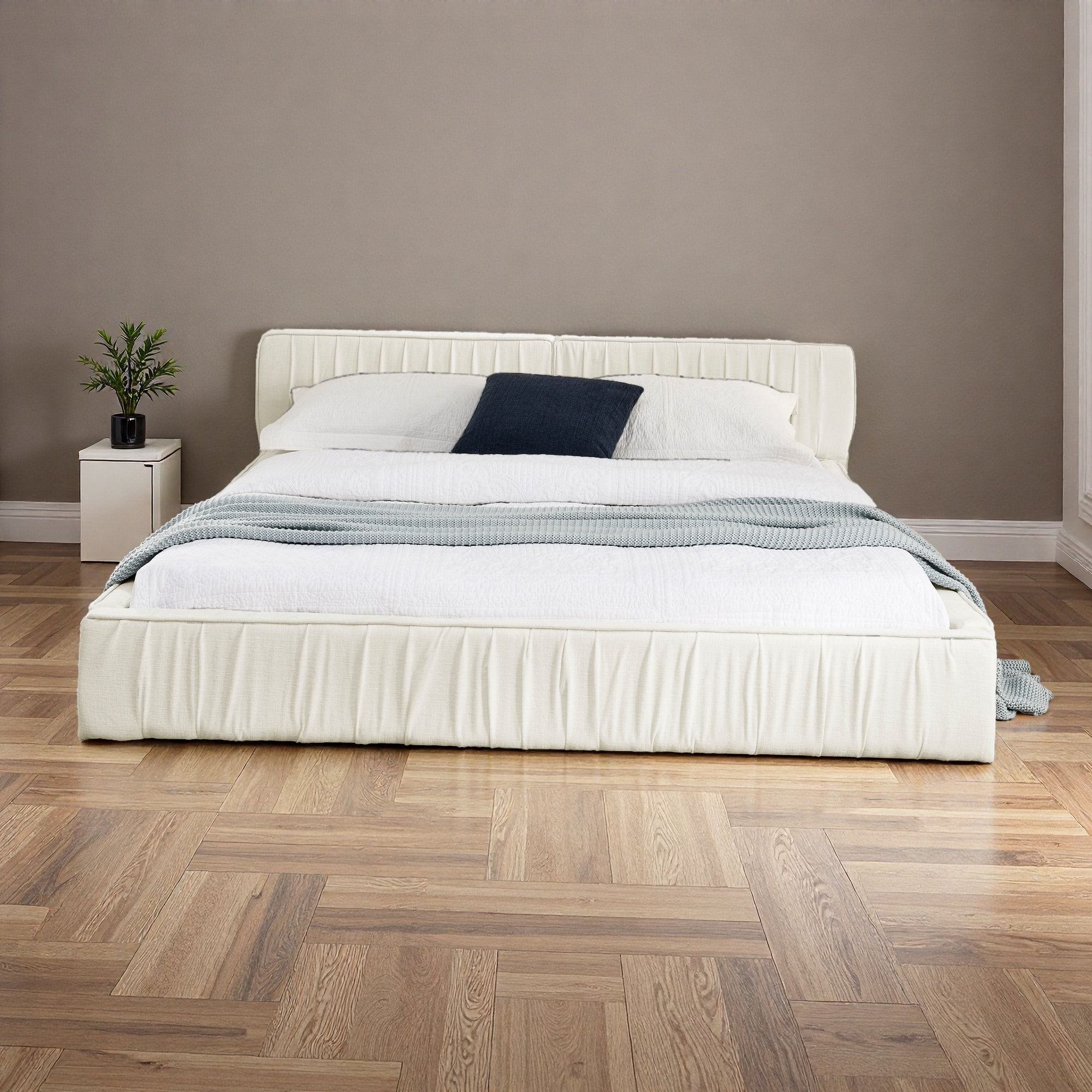 Mercer41 Grounded Queen Upholstered Platform Bed With Pleated Chenille ...