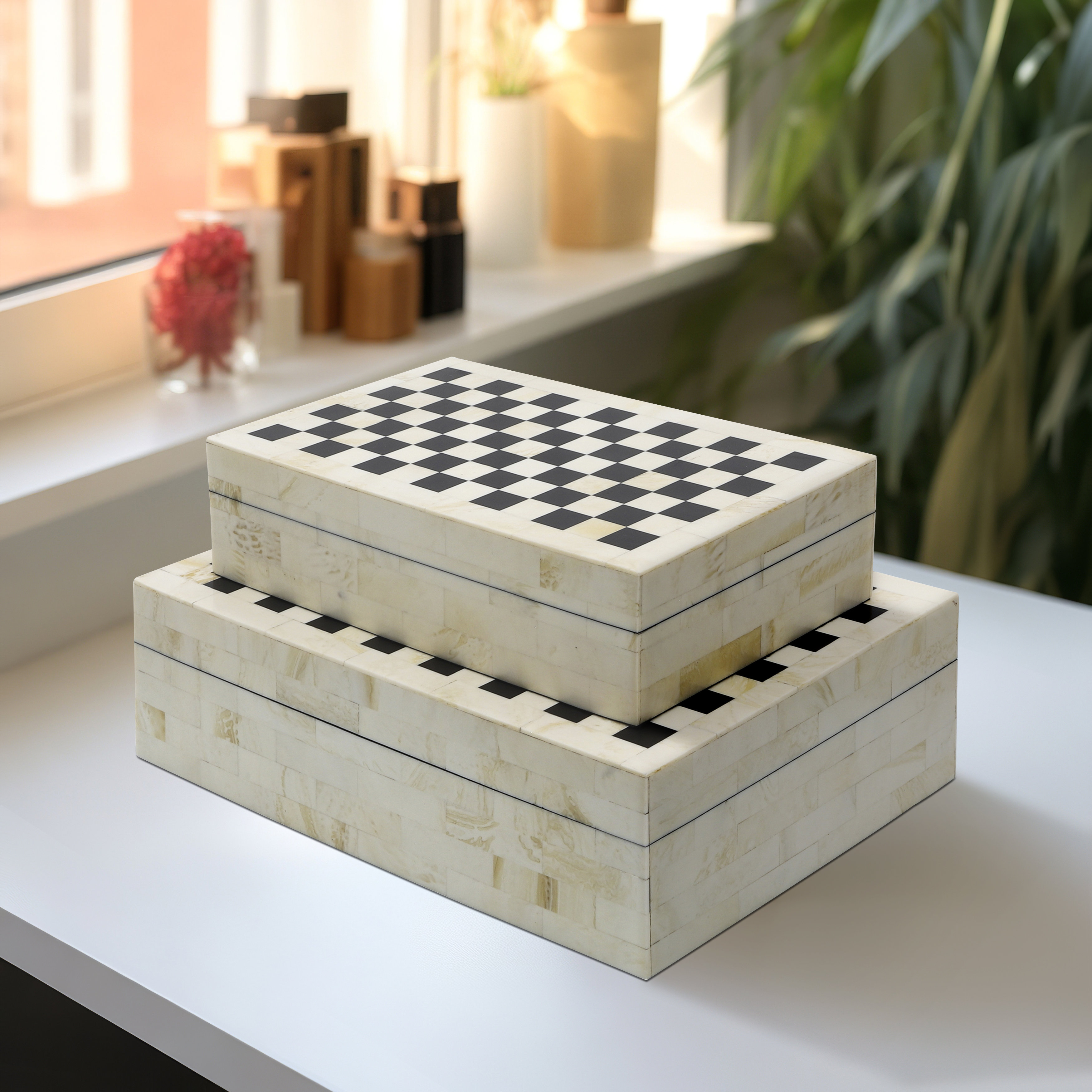 George Oliver Set of 2 Storage Boxes Black and White Checkered Design Polyresin Decorative ...