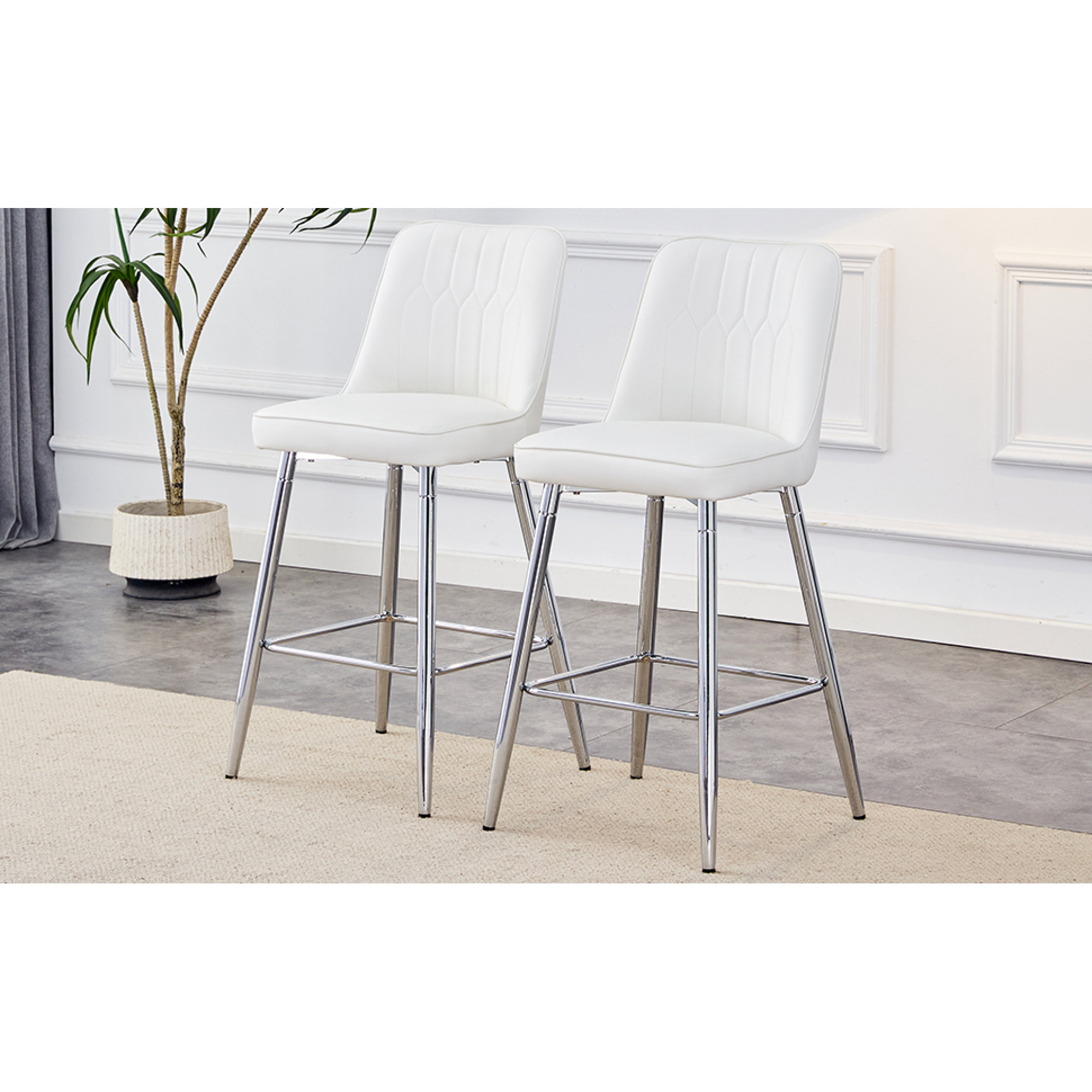 Brayden Studio® Set of 2 modern white pu bar stools with silver metal ...