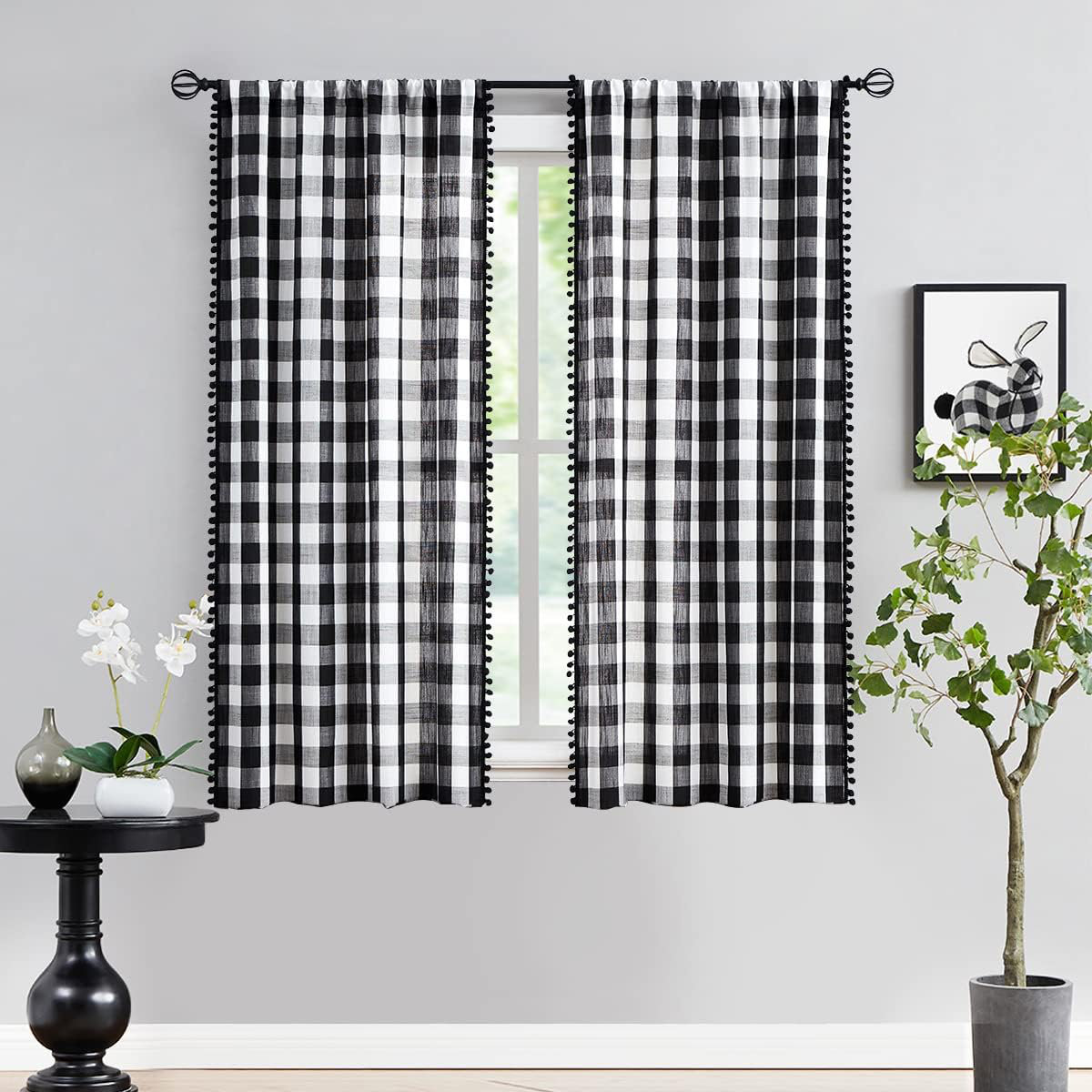 FETLOD Buffalo Check Curtains 45Inch Pom Pom Farmhouse Semi Sheer Plaid ...