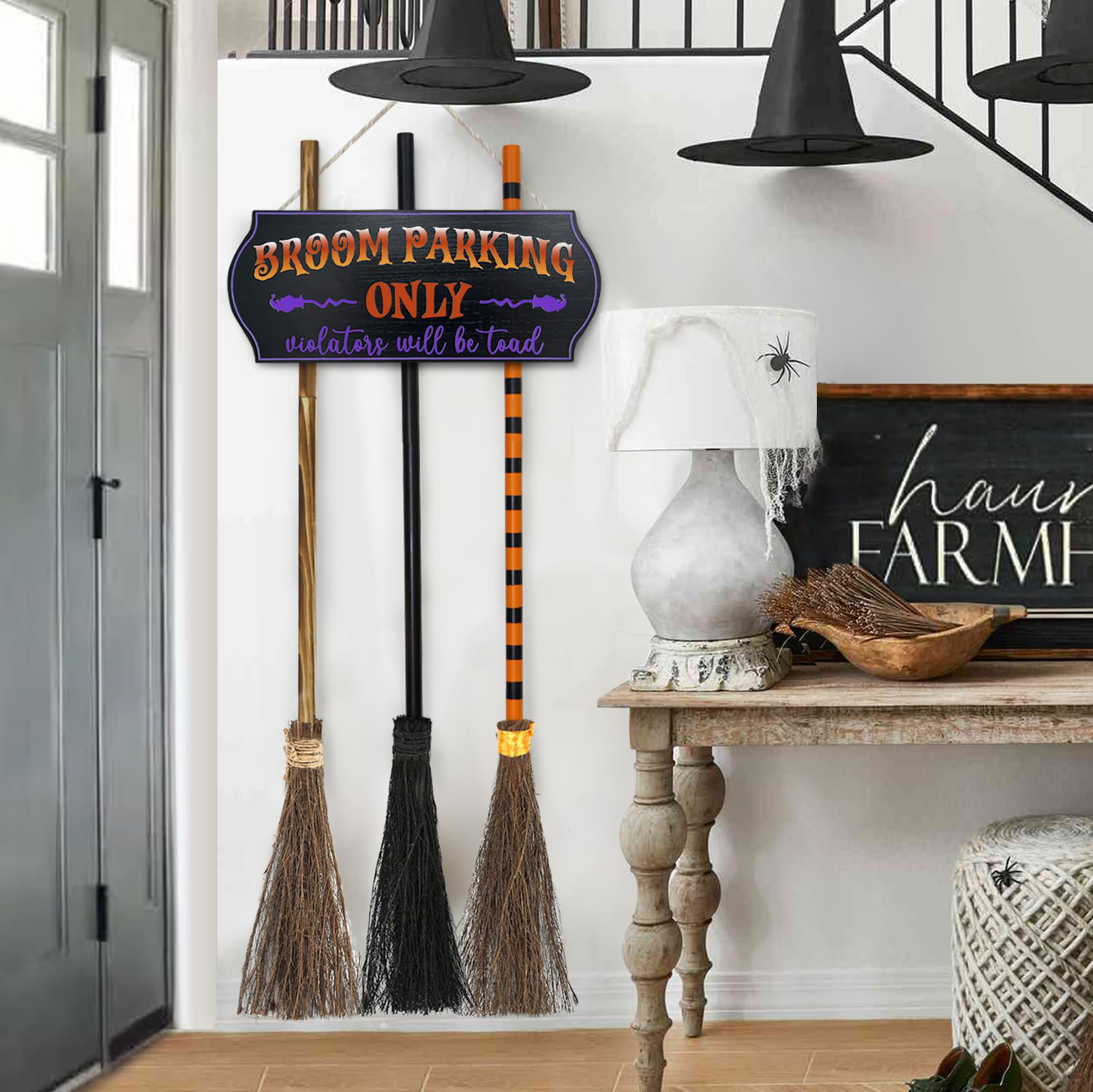 The Holiday Aisle® Halloween Decor - Broom Parking Sign with 3 Wooden ...