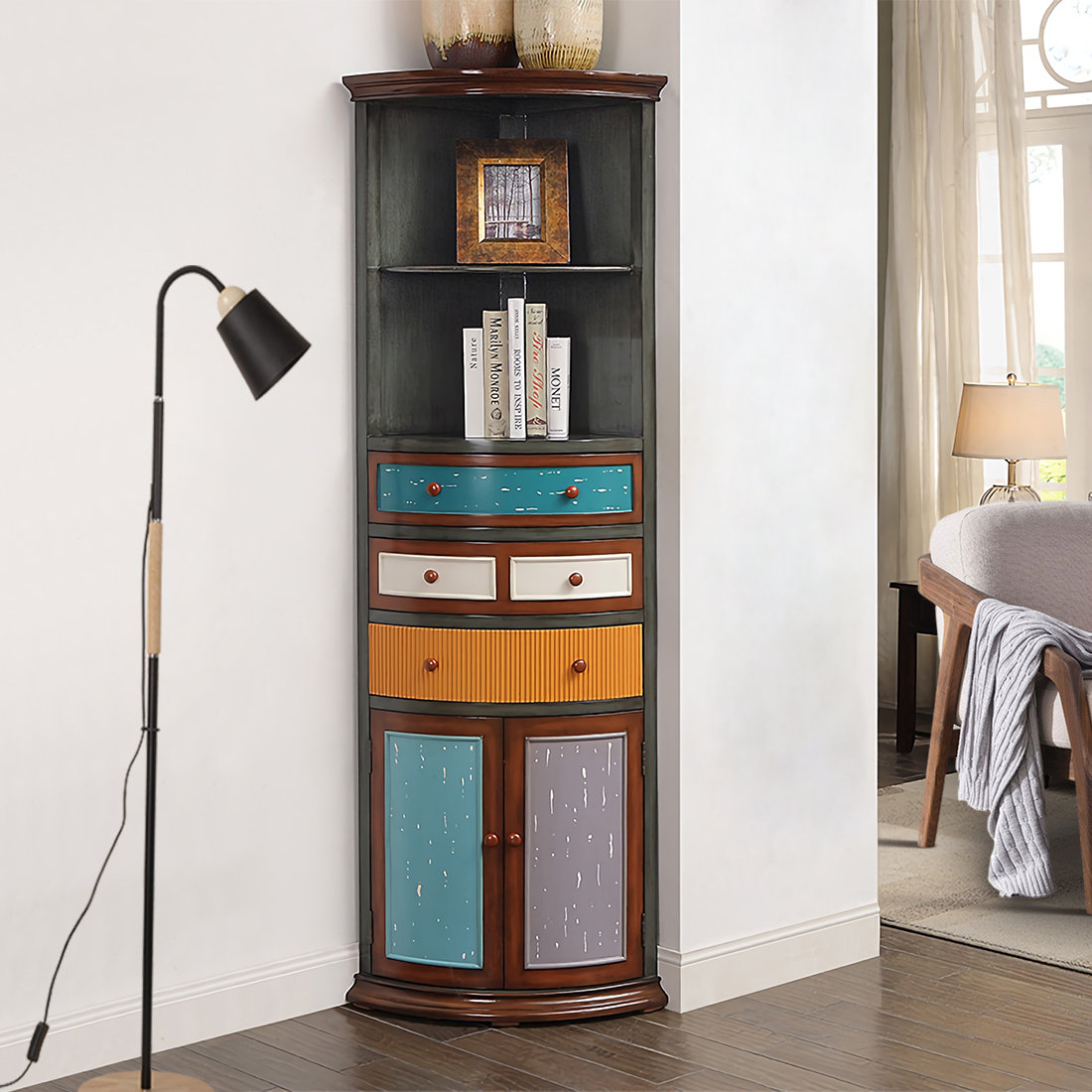 GINATOL Vintage Painted Solid Wood Corner Bookcase. Corner Storage ...