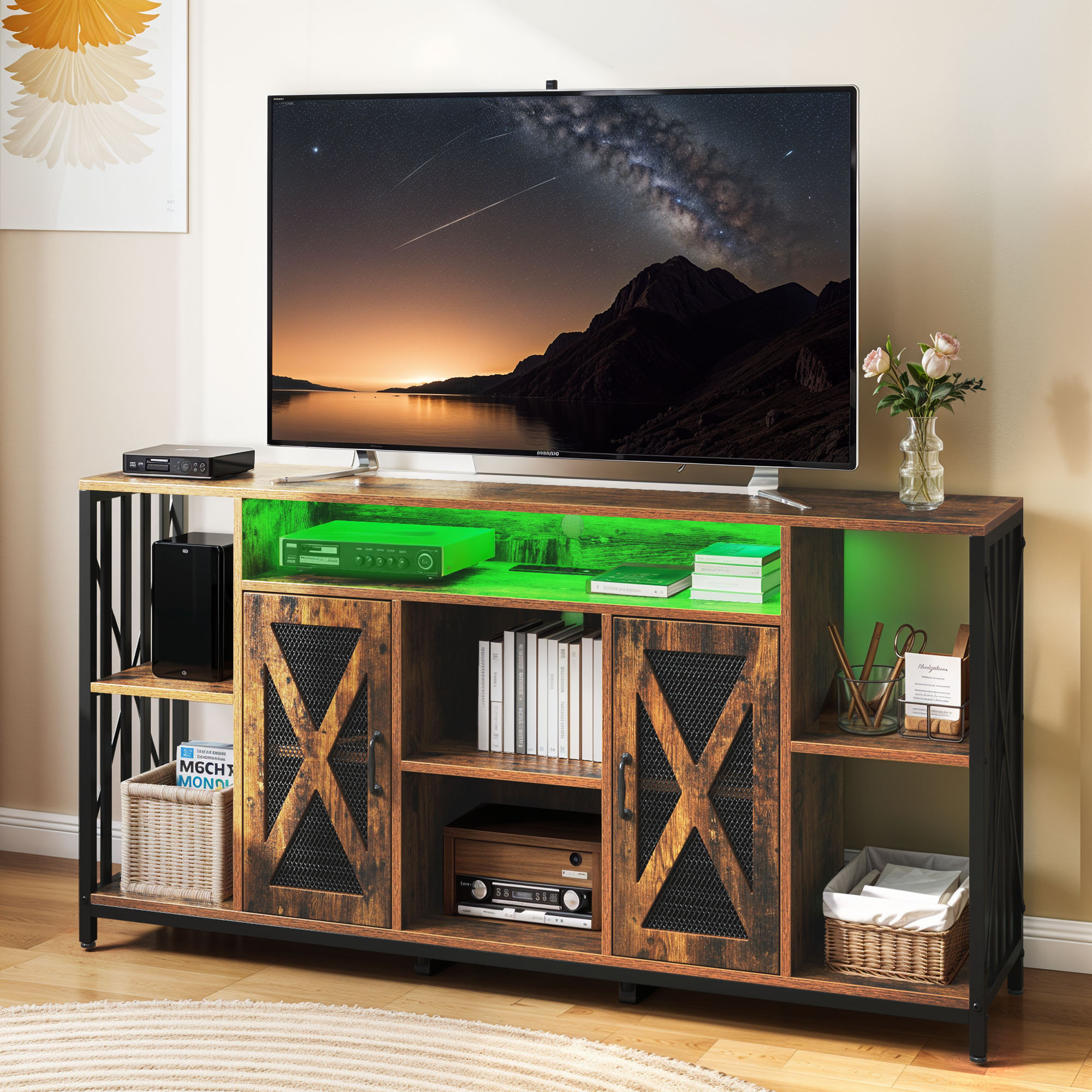 Wrought Studio™ 63" W LED TV Stand, Farmhouse TV Media Console Cabinet ...