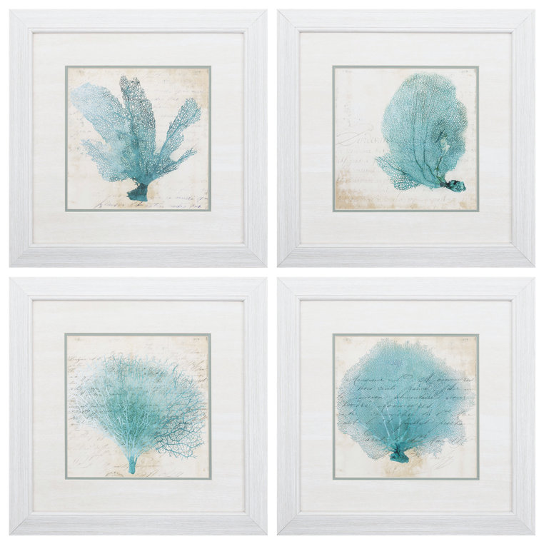 Highland Dunes Blue Coral Framed On Paper 4 Pieces Print | Wayfair