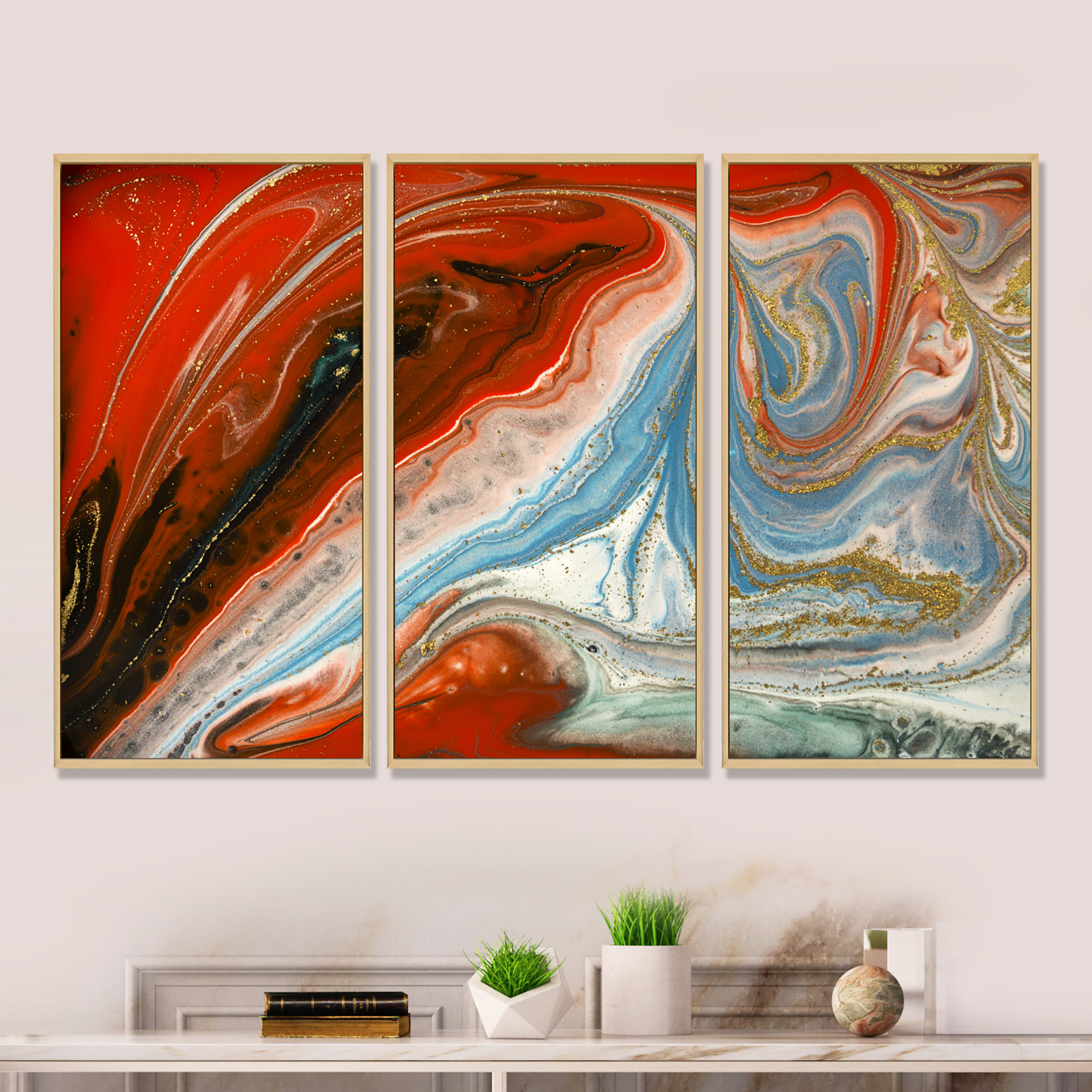 Design Art Red Gold And Blue Marble - Glam Framed Canvas Wall Art Set ...