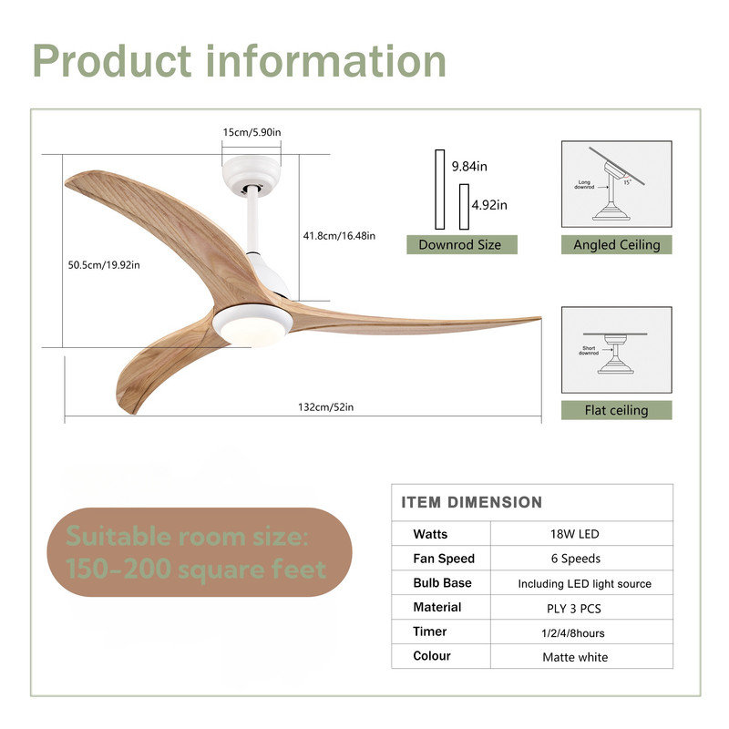 Wrought Studio 52" Ceiling Fan, Solid Wood Blades Ceiling Fan With ...