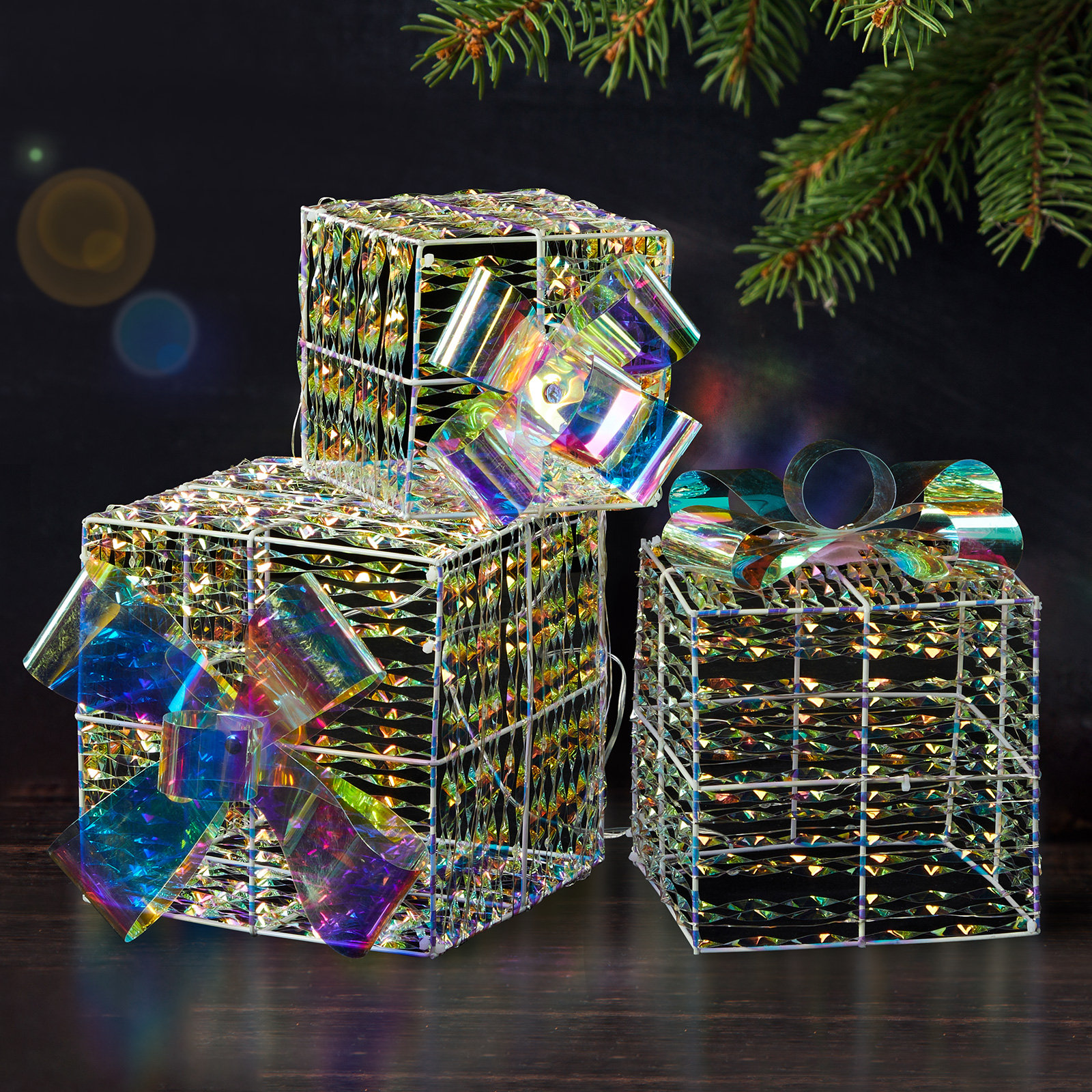 The Holiday Aisle® 3pcs Lighted Iridescent Gift Boxes Christmas Decoration | Wayfair