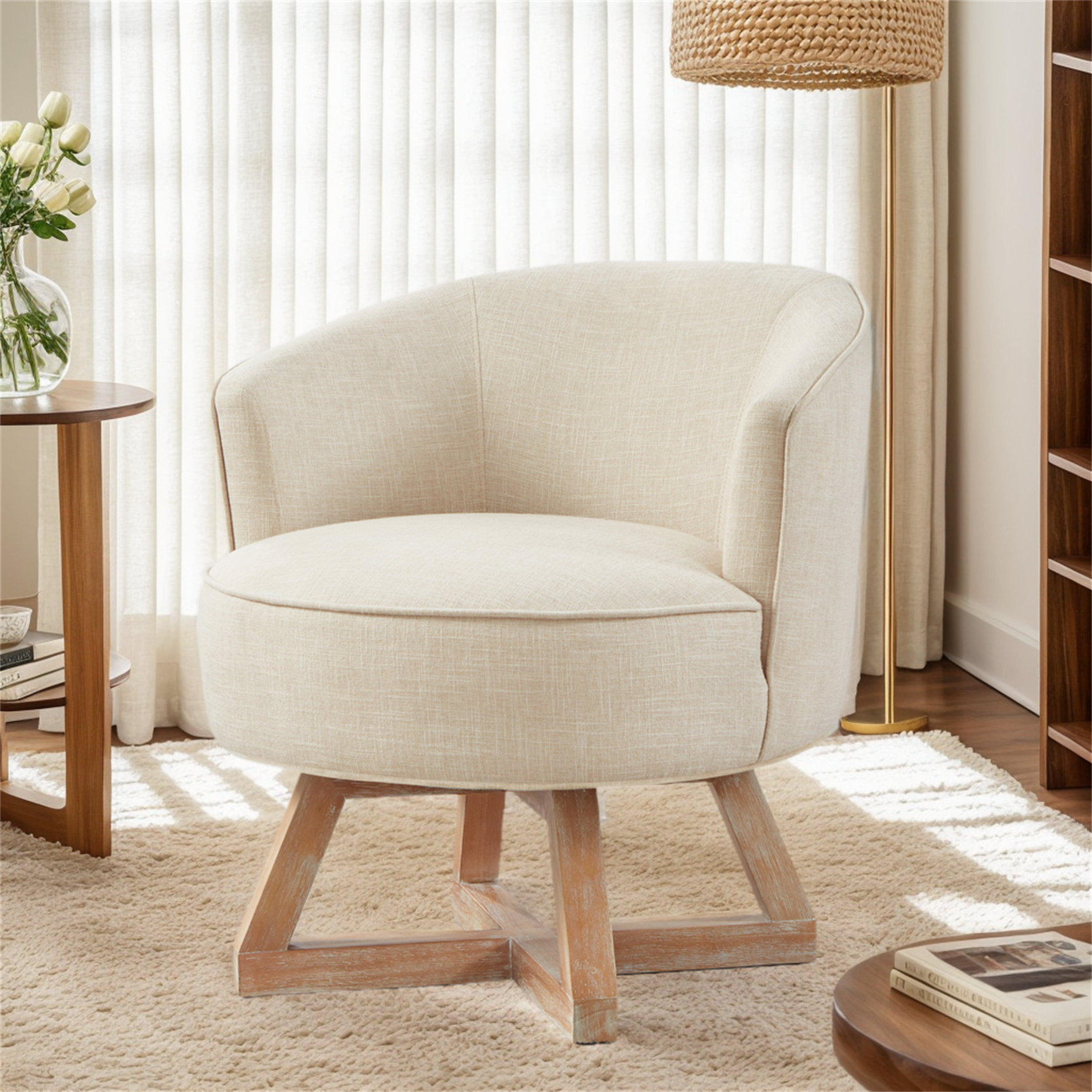 Ebern Designs 27"W Linen Swivel Chair With Solid Wood Base And Recessed ...