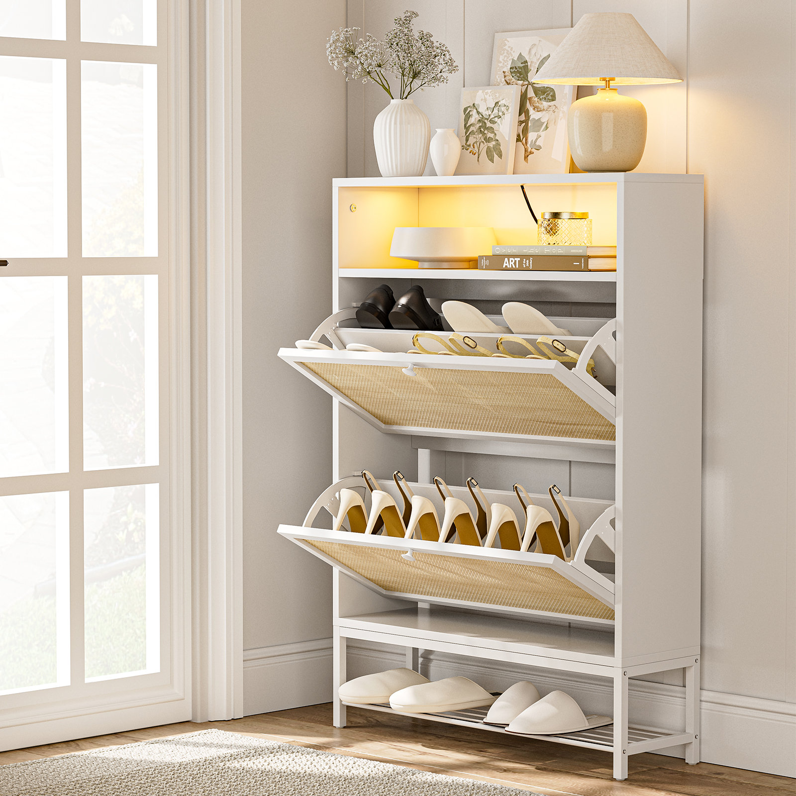 Bayou Breeze Rattan Shoe Cabinet With Led Light, Shoe Rack Cabinet With ...