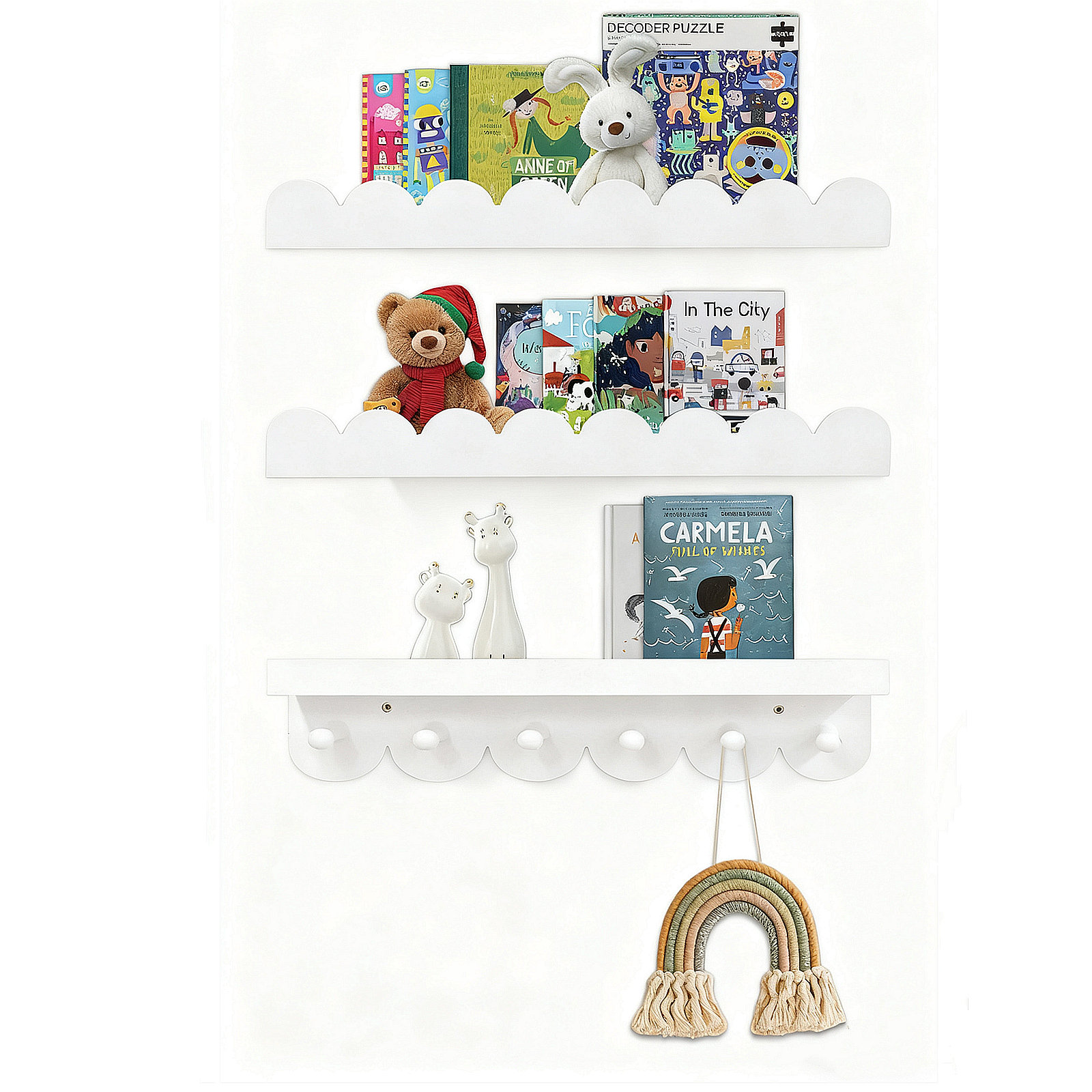 Ophelia & Co. Floating Kids Bookshelf Set Of 3 With Hooks, Wood ...