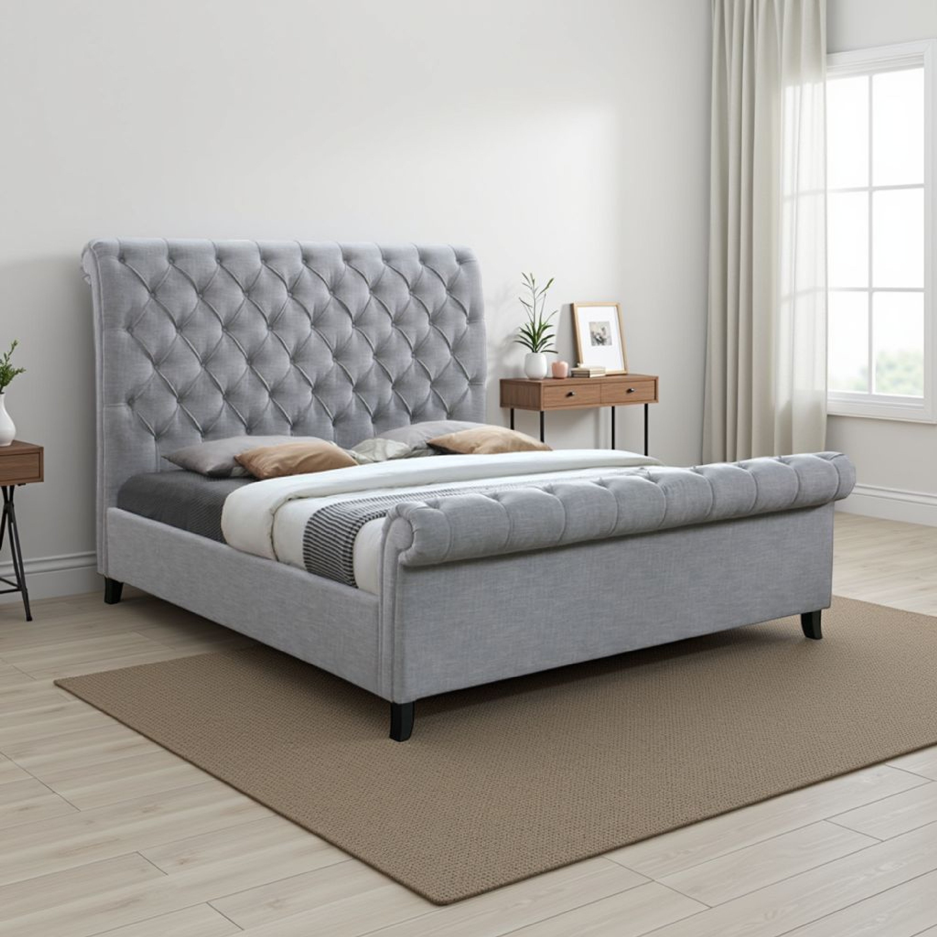 Benjara Magnolia Bed, Gray Upholstery, Diamond Tufted Scrolled Design ...