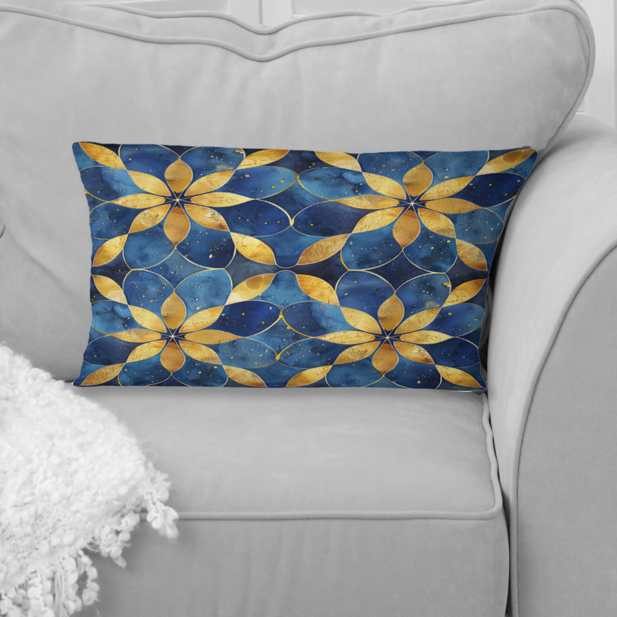 Design Art Blue Gold Modern Flower Dream II - Modern Lumbar Pillow ...