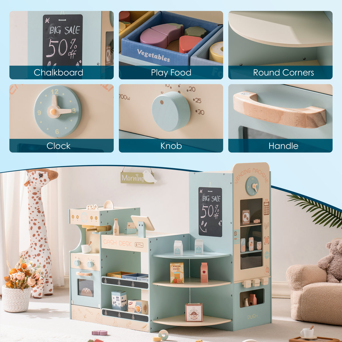 ROBUD Wooden Pretend Market Self-Checkout Station Playset, Preschool ...