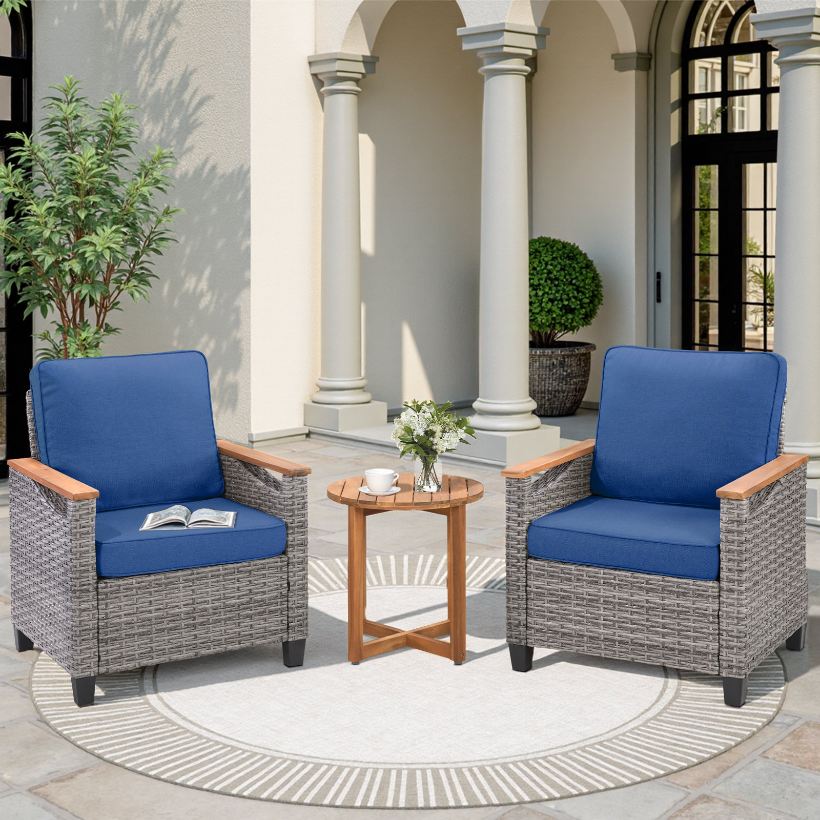 Ebern Designs 3 Pieces Outdoor Wicker Patio Chair Set, 2-Person Seating ...