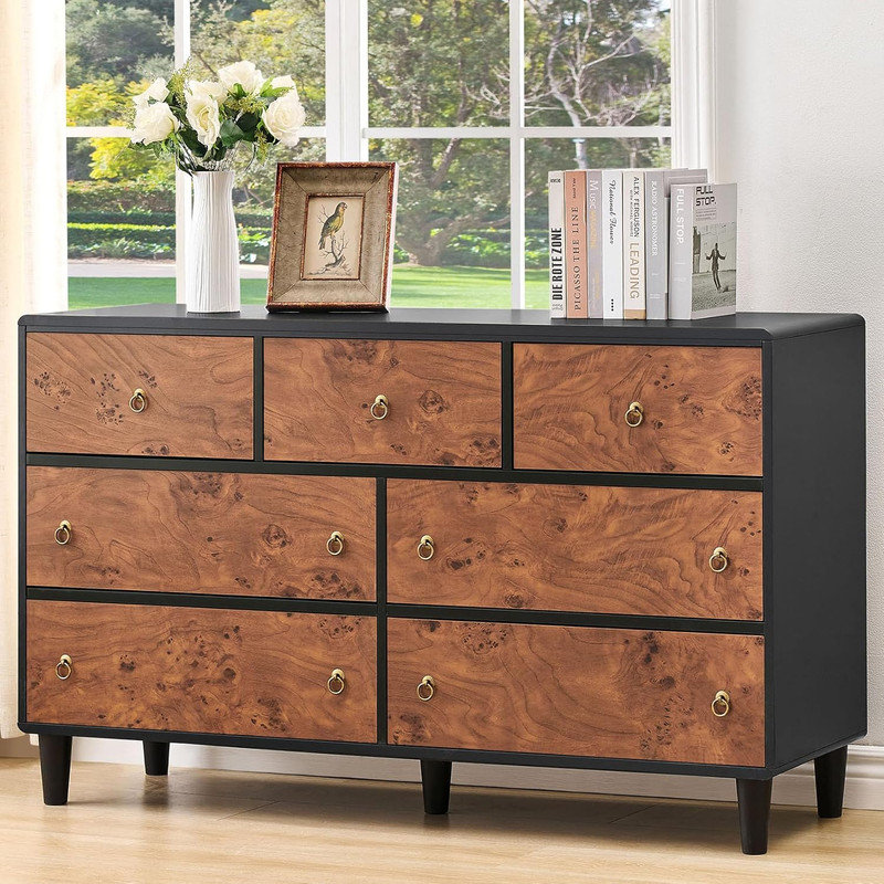 Ebern Designs Natural Oak Dresser - Modern Drawer Chest with Curved ...