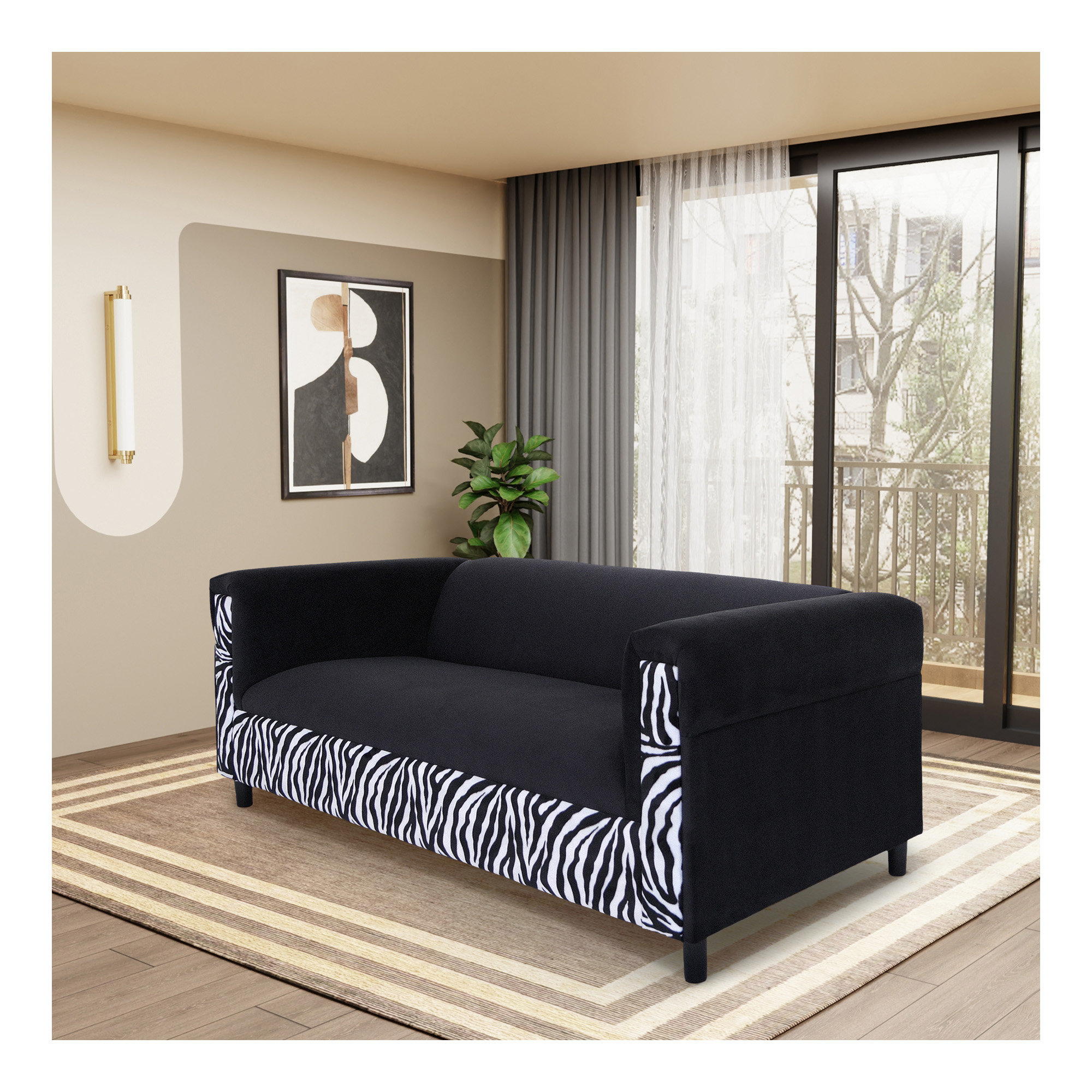 Mercer41 Black Velvet Sofa with Leopard Print, Modern 3-Seater Sofas ...