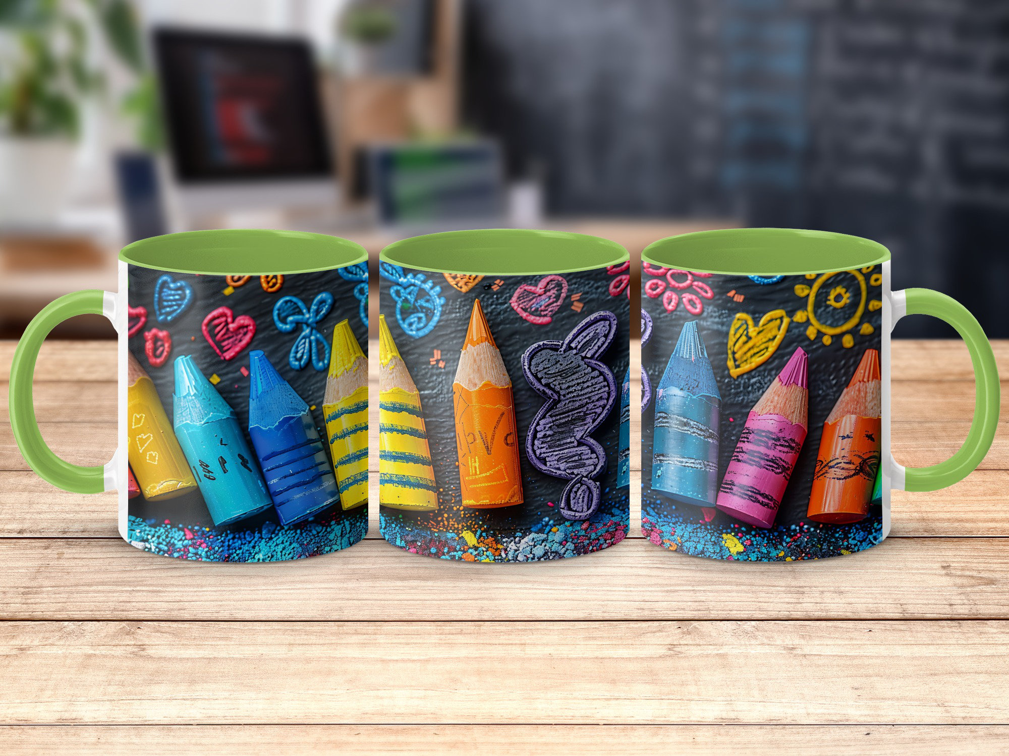 East Urban Home Set of 3 Kids Drawing Style 11oz Accent Mugs – White ...