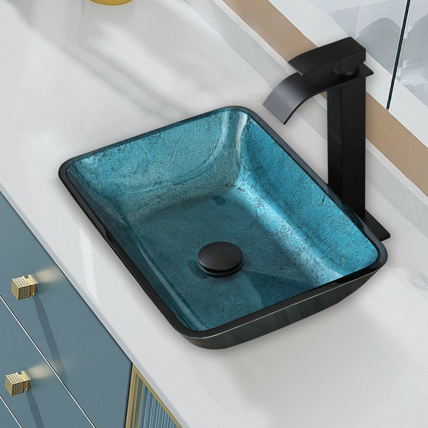 Interbath 13'' Blue Glass Rectangular Bathroom Sink with Faucet | Wayfair