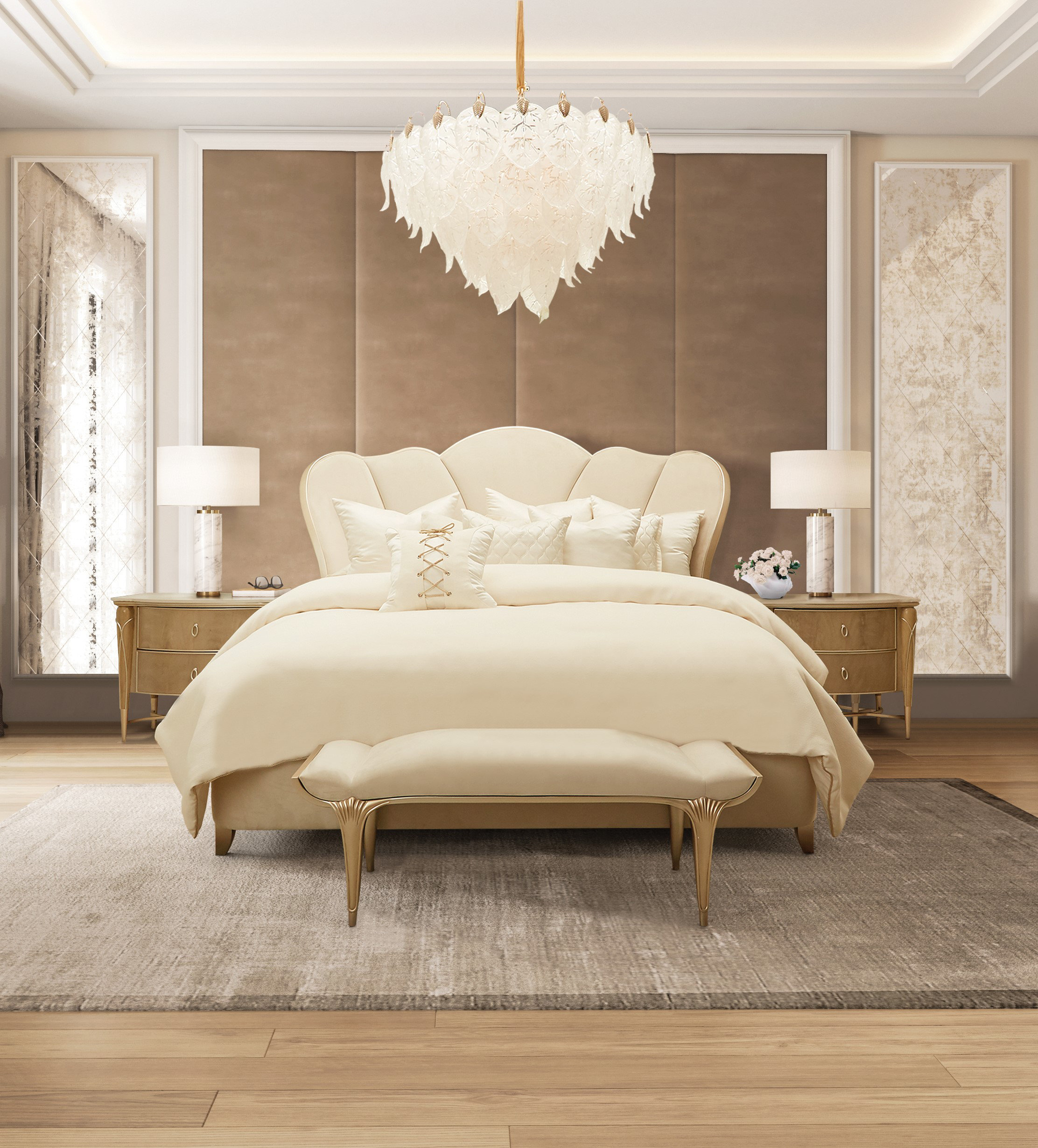 Michael Amini Villa Cherie Upholstered Platform 4 Piece Bedroom Set ...