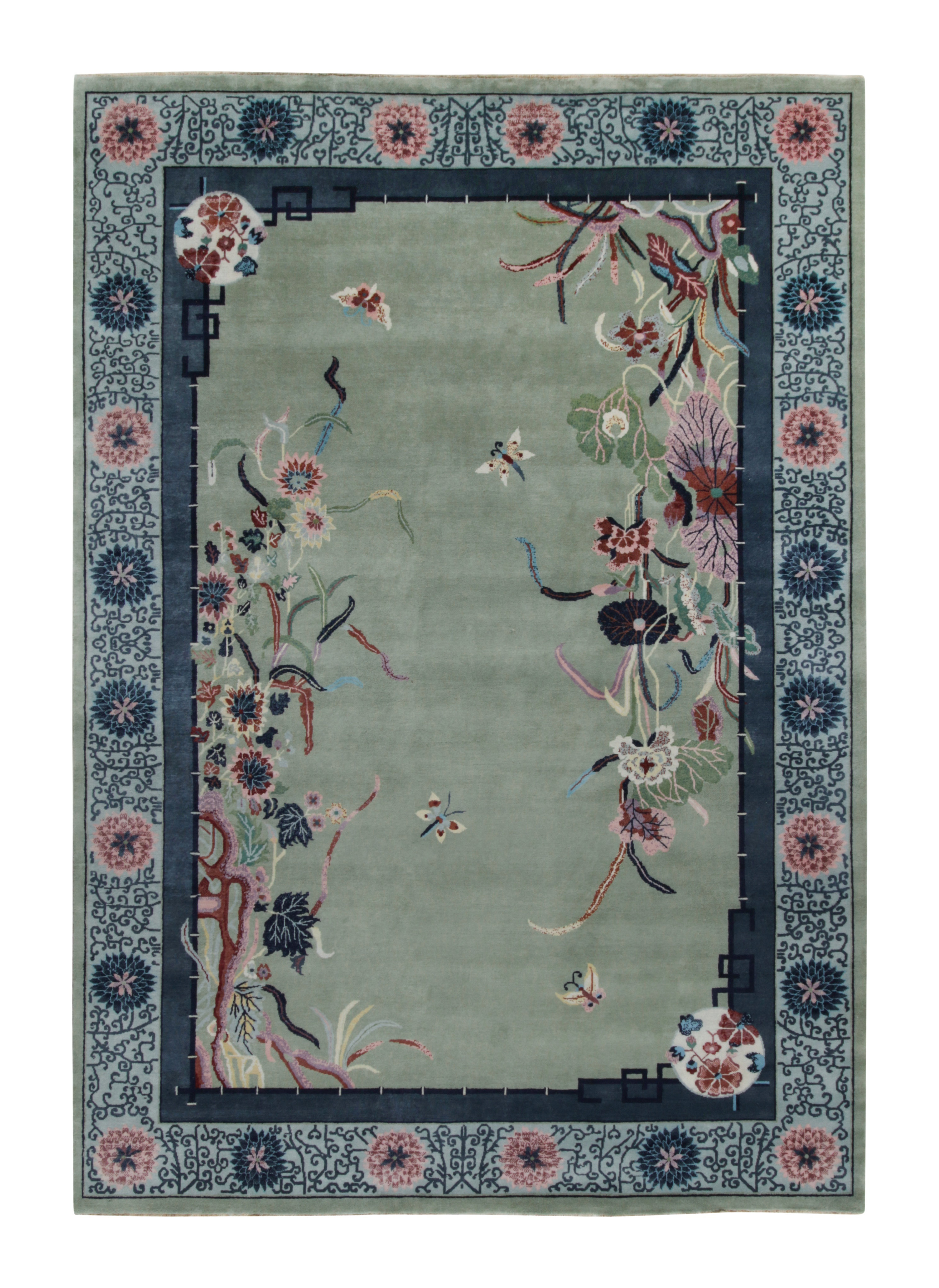 Rug & Kilim’S Chinese Art Deco Rug In Green With Blue Floral Patterns ...