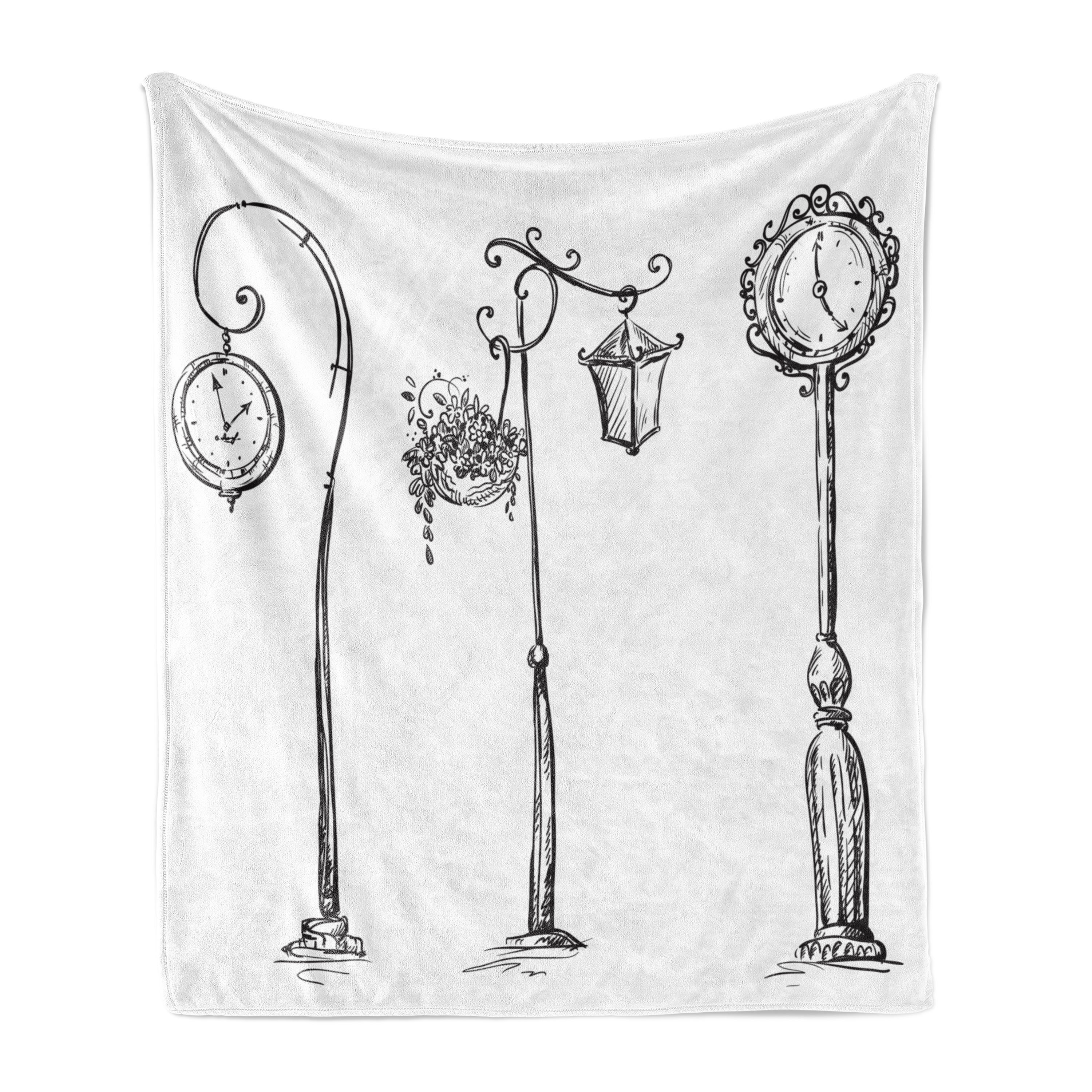 Ambesonne Hand Drawn Fleece Throw Blanket Street Clocks Urban Charcoal ...