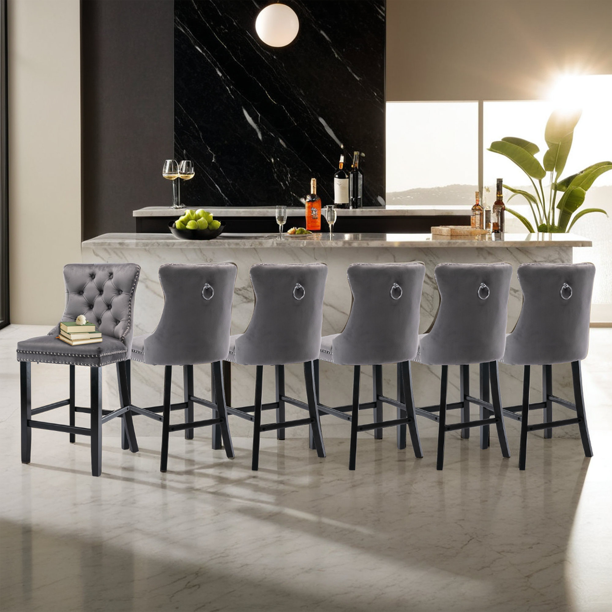 Dynoson Velvet Nailhead Wing Back Counter Height Barstools(Set of 6 ...