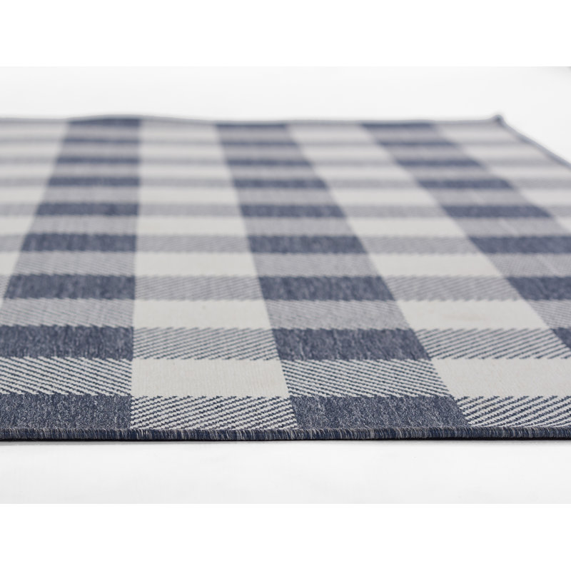 August Grove® Riko Gingham Blue/White Indoor / Outdoor Area Rug | Wayfair