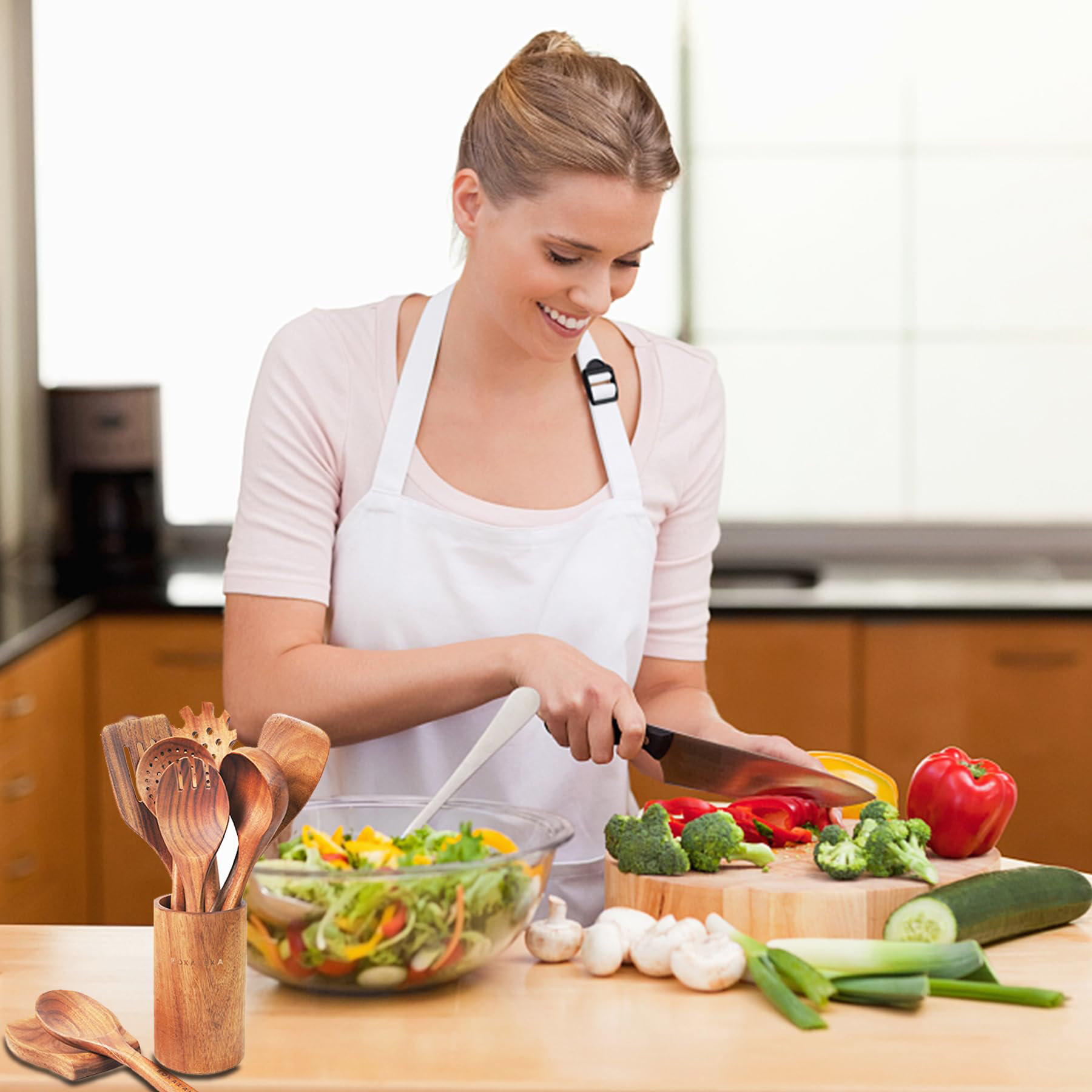 COAHAHA Natural Teak Wooden Cooking Utensil Set - 9-Piece, Durable, Eco ...