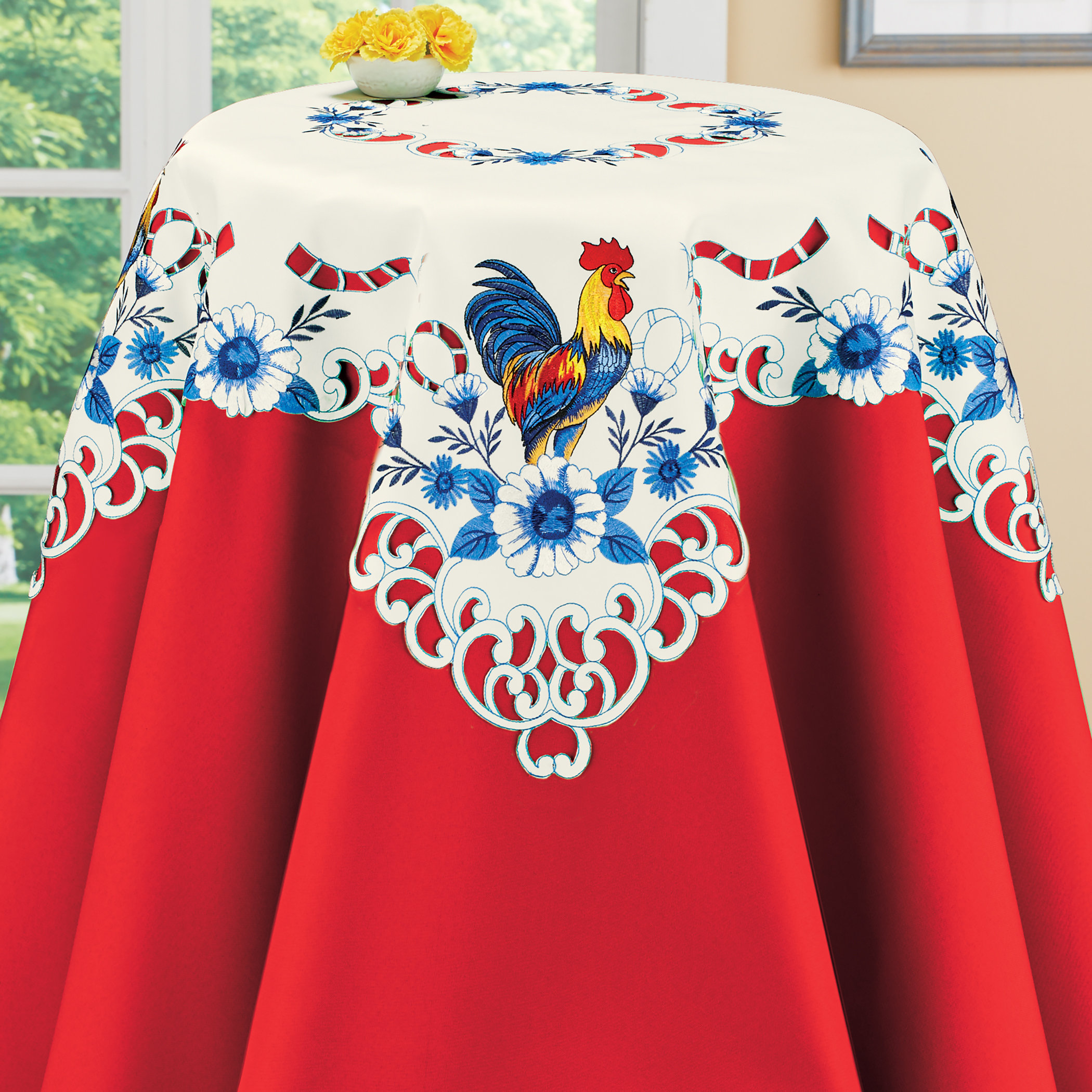 August Grove® Embroidered Country Blue Rooster Daisy Table Linens | Wayfair