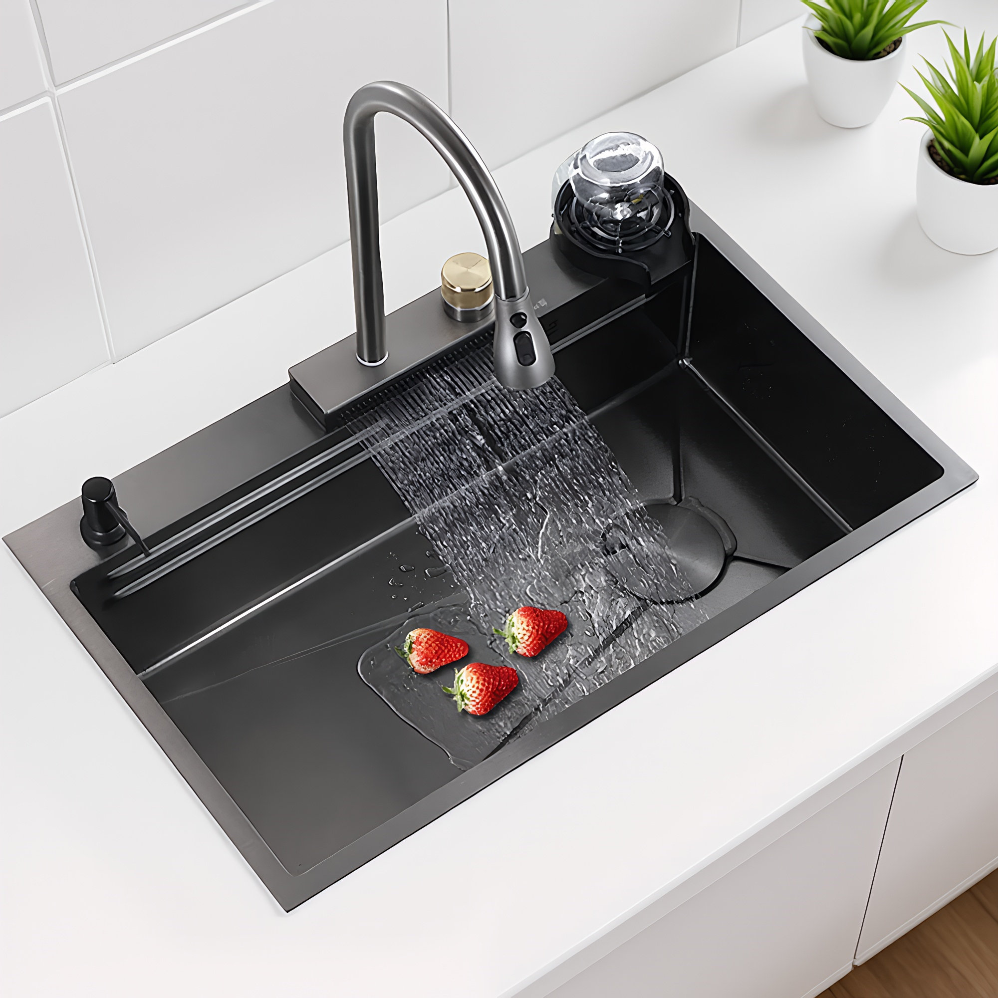 BESTCOSTY Black Stainless Steel Kitchen Sink, With Waterfall Faucet ...