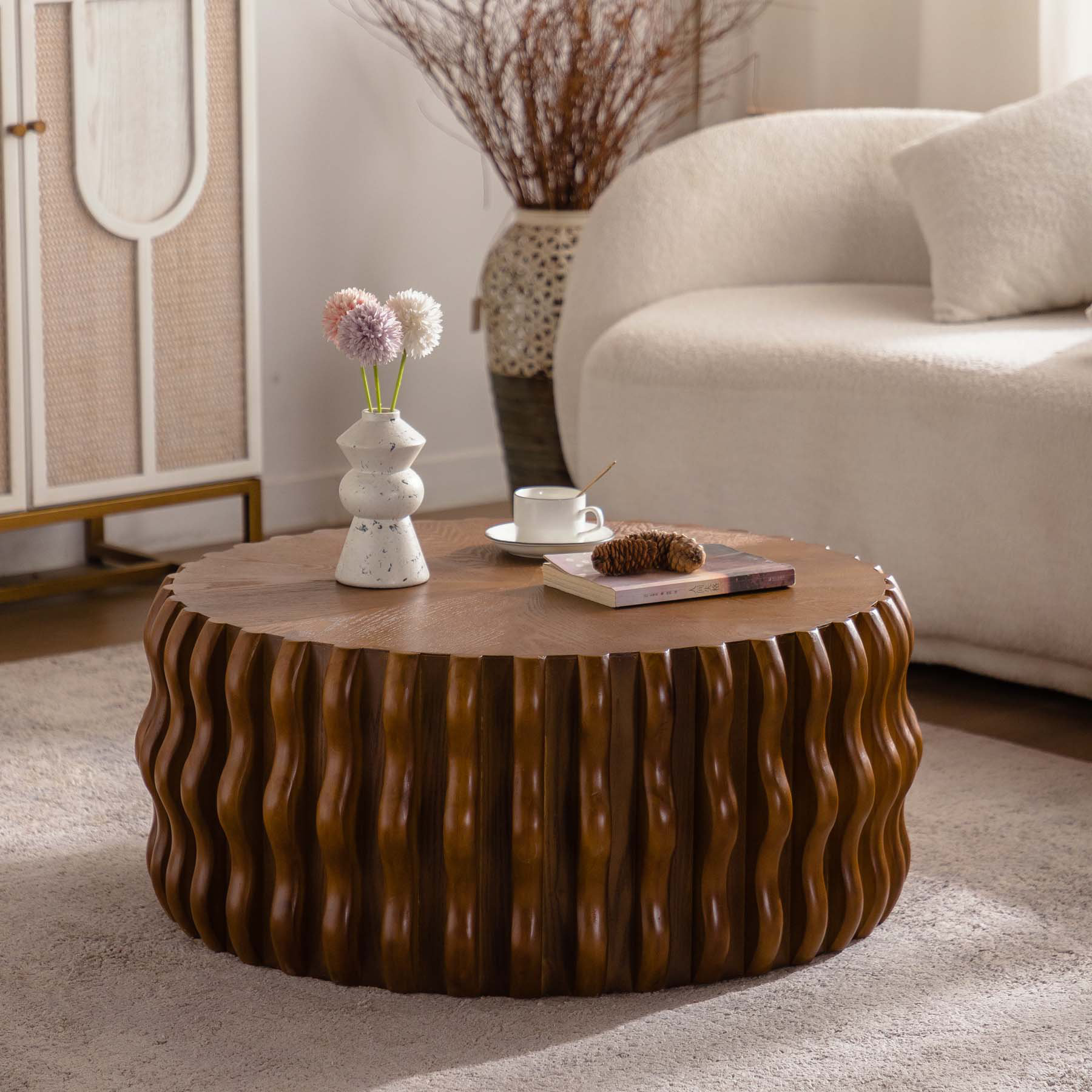 Latitude Run® Drum Fluted Modern Round Coffee Table, Mid Century Circle ...