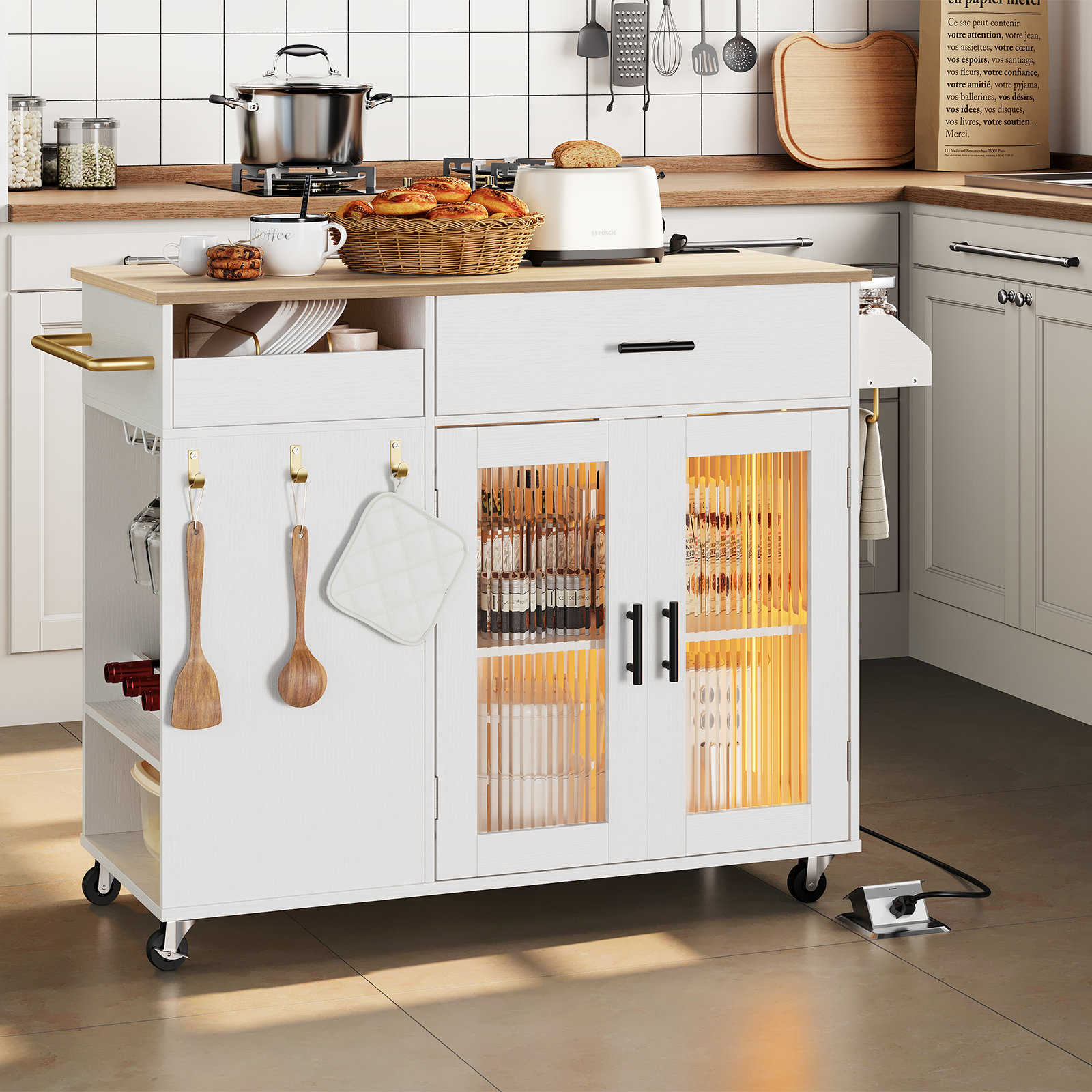 Gracie Oaks Mayrani 37.4" Rolling Kitchen Island with Storage and Power ...
