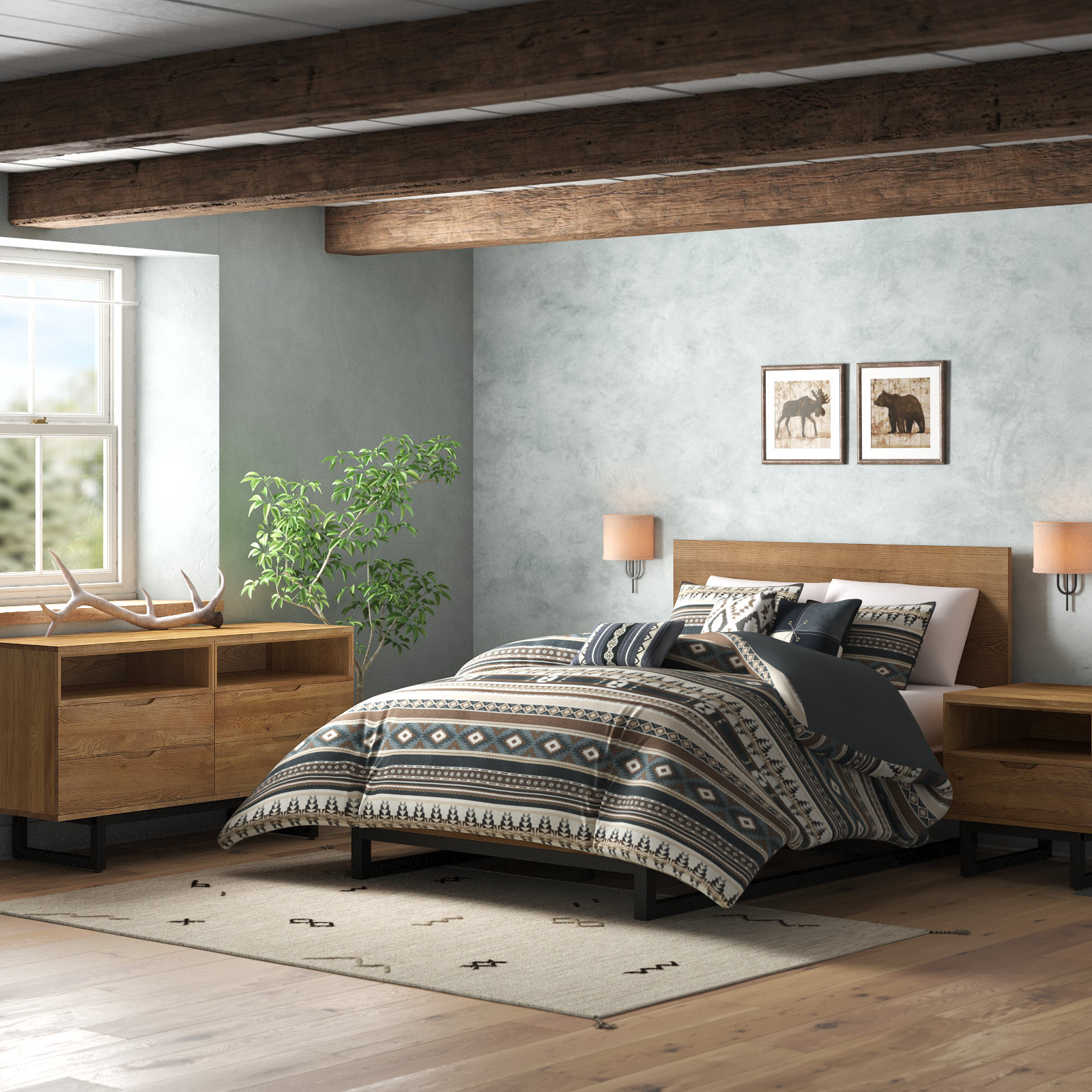 Union Rustic Aldo Platform Bed Frame Bedroom Set in Brown Oak Wood and Black Metal - Wayfair Canada