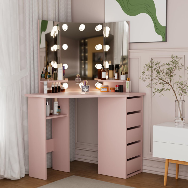 Latitude Run Adest Tri-Fold Mirror Dressing Table with 5 Drawers and 3 ...