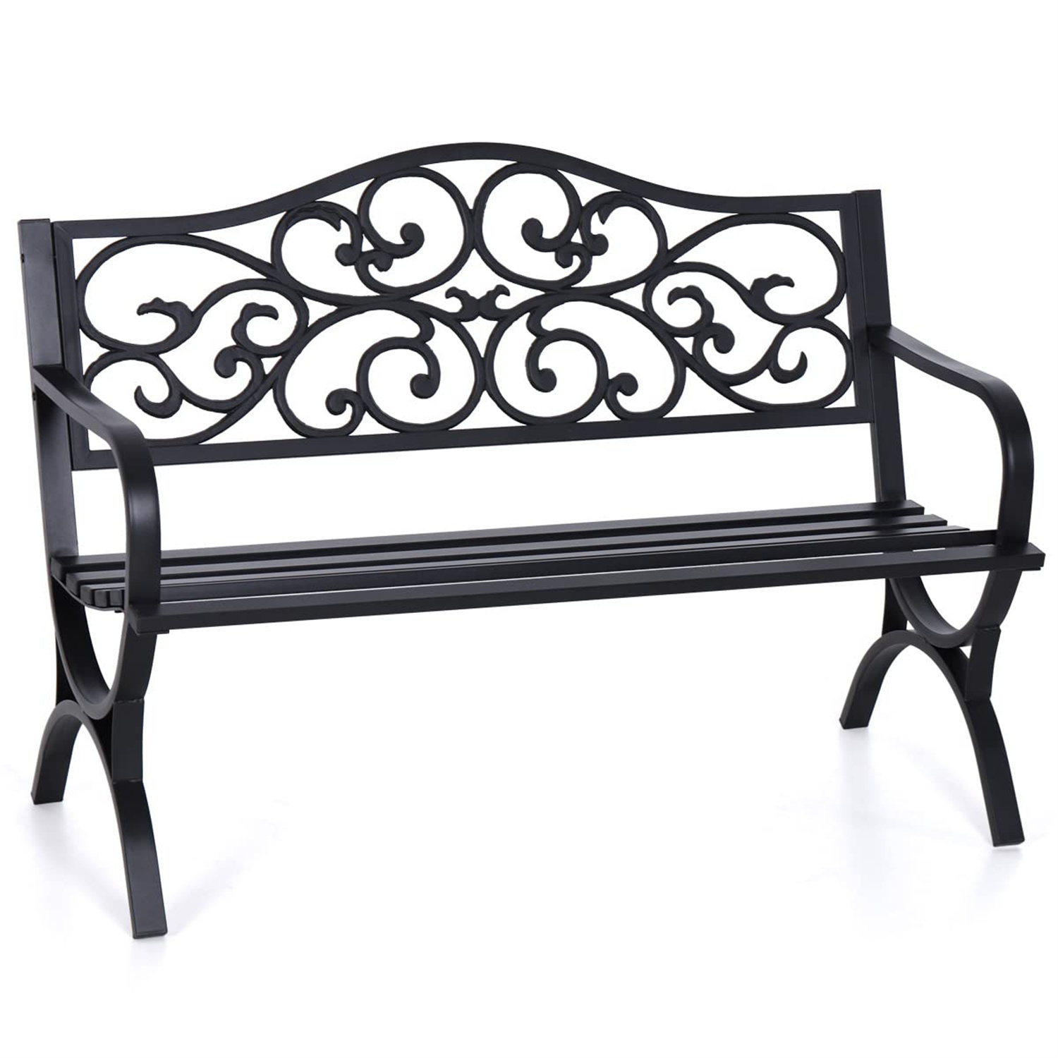World Menagerie 50" Black Outdoor Garden Bench with Floral Backrest ...
