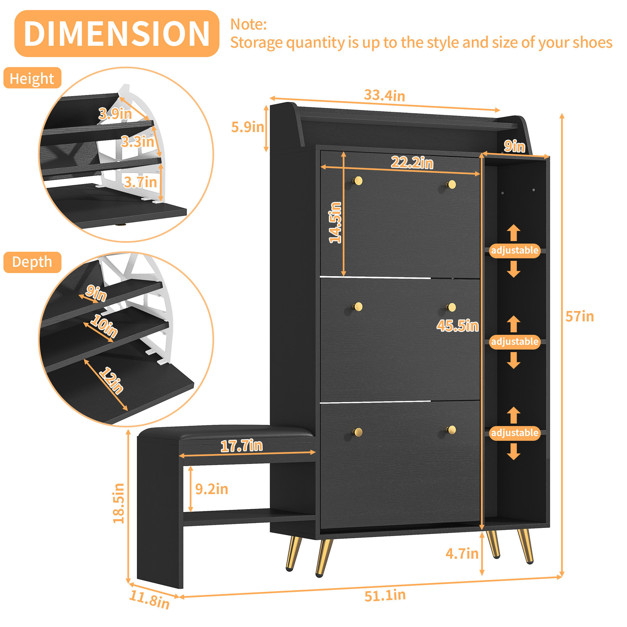 Corrigan Studio 40 Pair Shoe Storage Cabinet With Shoe Storage Bench, 3 ...