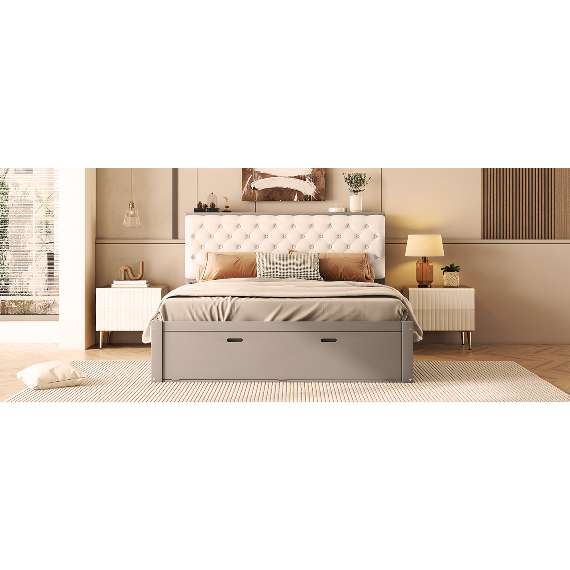 LIYU Wood Queen Size Platform Bed With Storage Headboard, Shoe Rack And ...