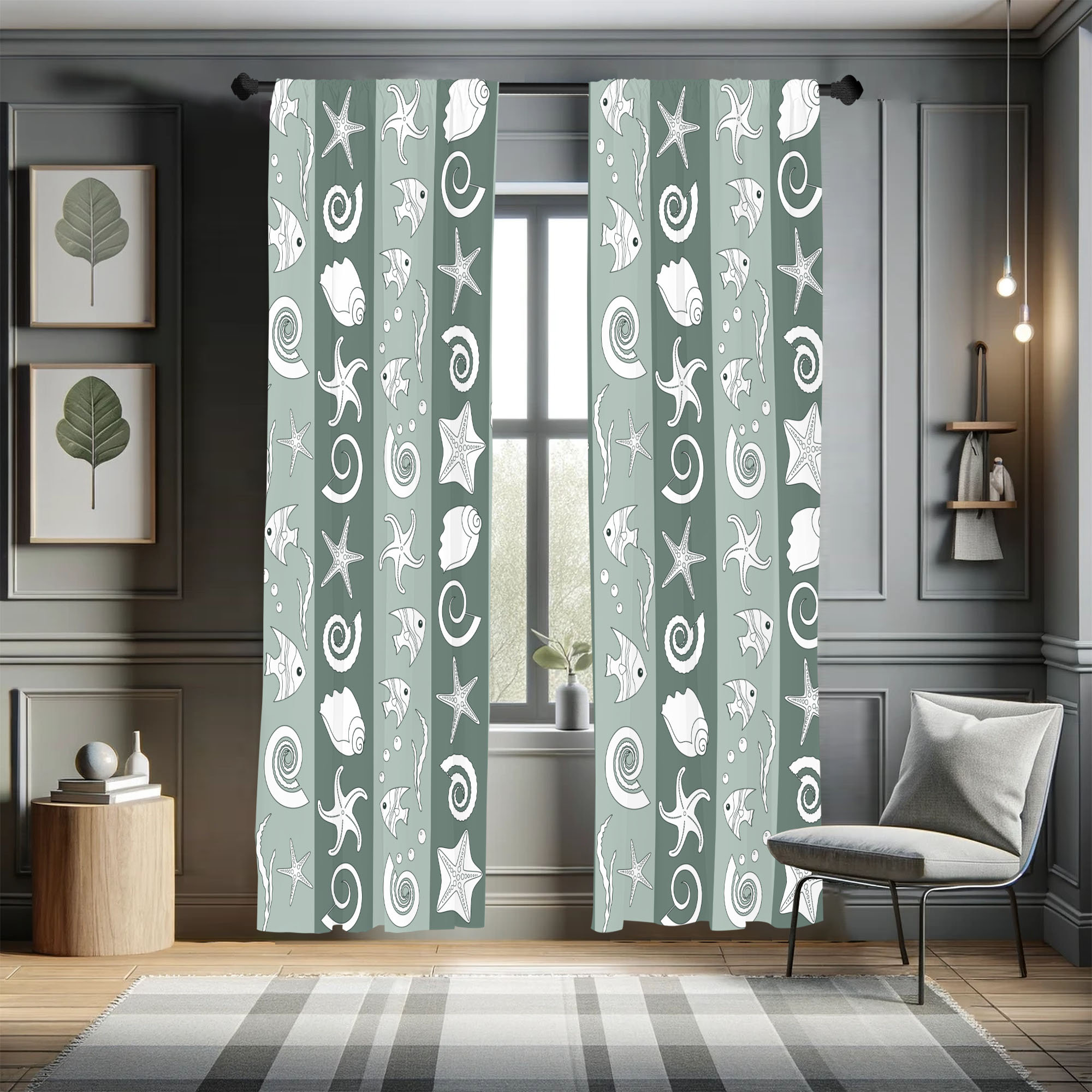 Breakwater Bay Nautical Curtains, Sea Fishes Shells Stripes, Pair of 28 ...