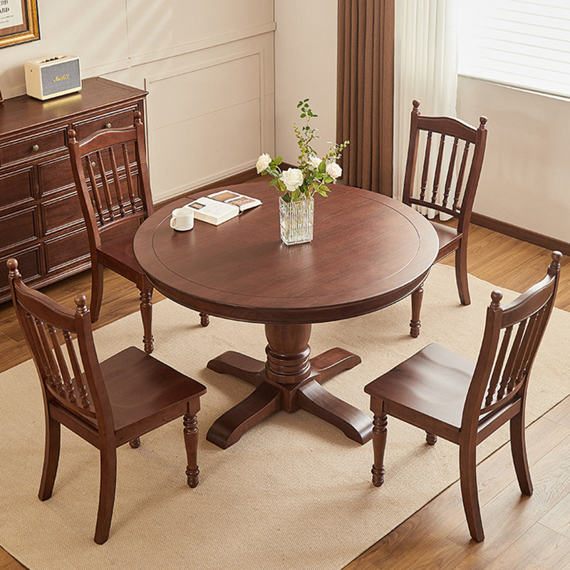 A Zoetic Home Vintage Round Dark Brown Walnut Dining Table Set | Wayfair
