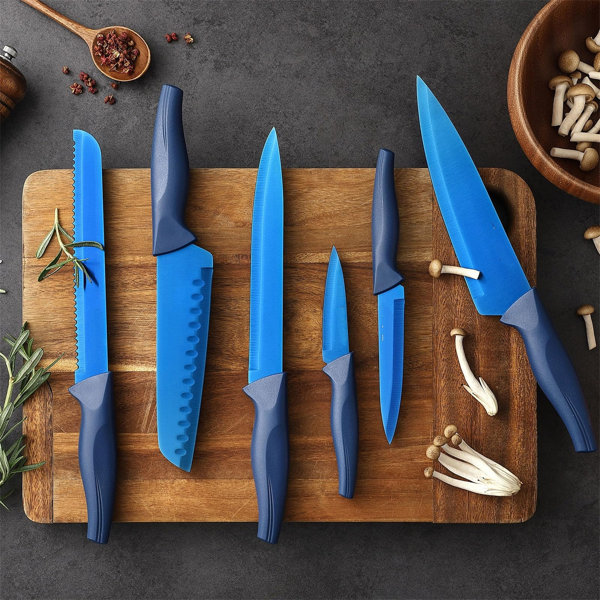 Belfry Kitchen 6-Piece Blue Titanium Kitchen Knife Set, Dishwasher Safe ...