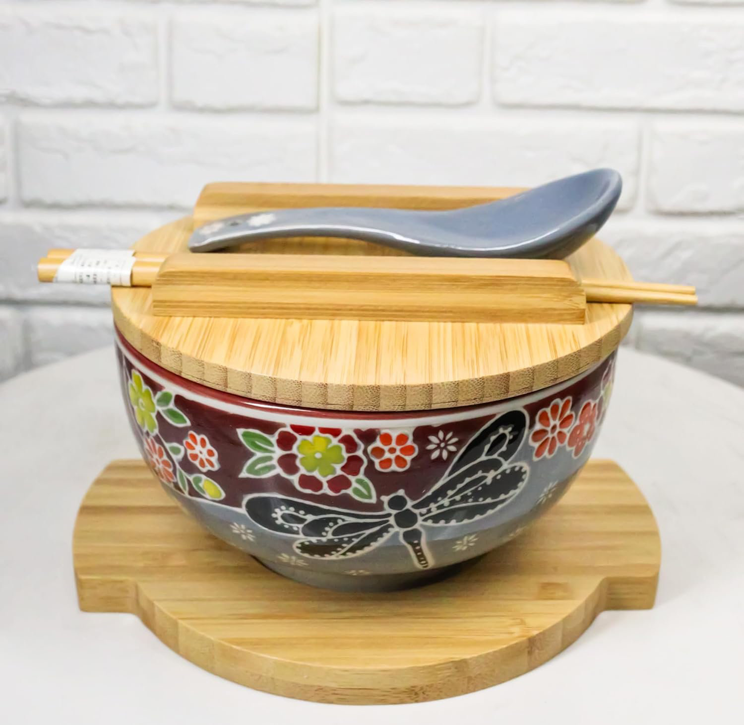 Dakota Fields Maroon Tombo Dragonfly Donburi Ramen Bowl With Lid Trivet ...