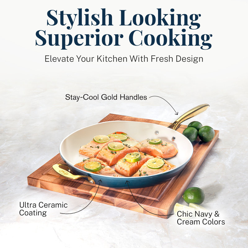 Gotham Steel Cream/Navy 15 pc Nonstick Cookware Set & Reviews | Wayfair