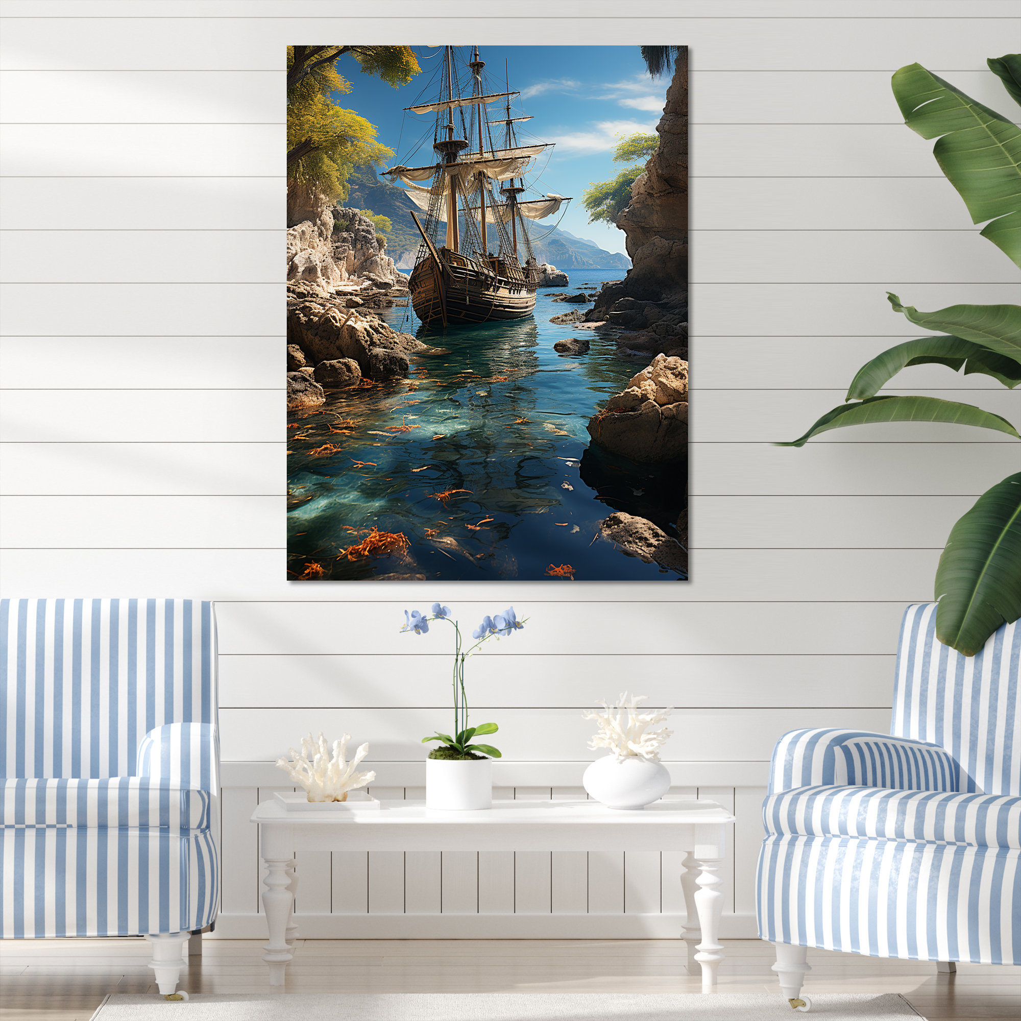 Breakwater Bay Tropical Hidden Harbor Pirate Ship On Canvas Print | Wayfair