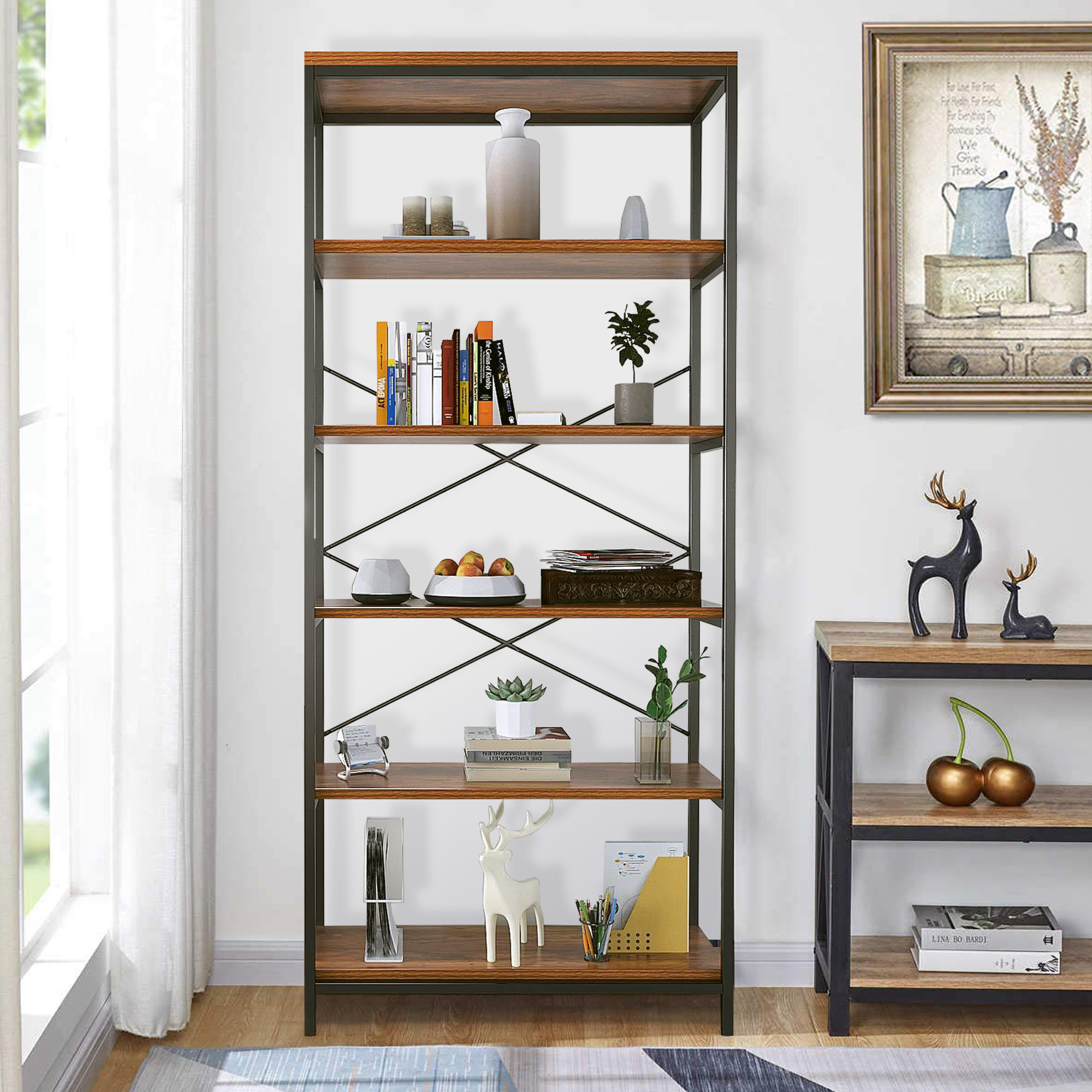 17 Stories Folkert 70.9" H x 31.5" W Etagere Bookcase Large Rustic ...