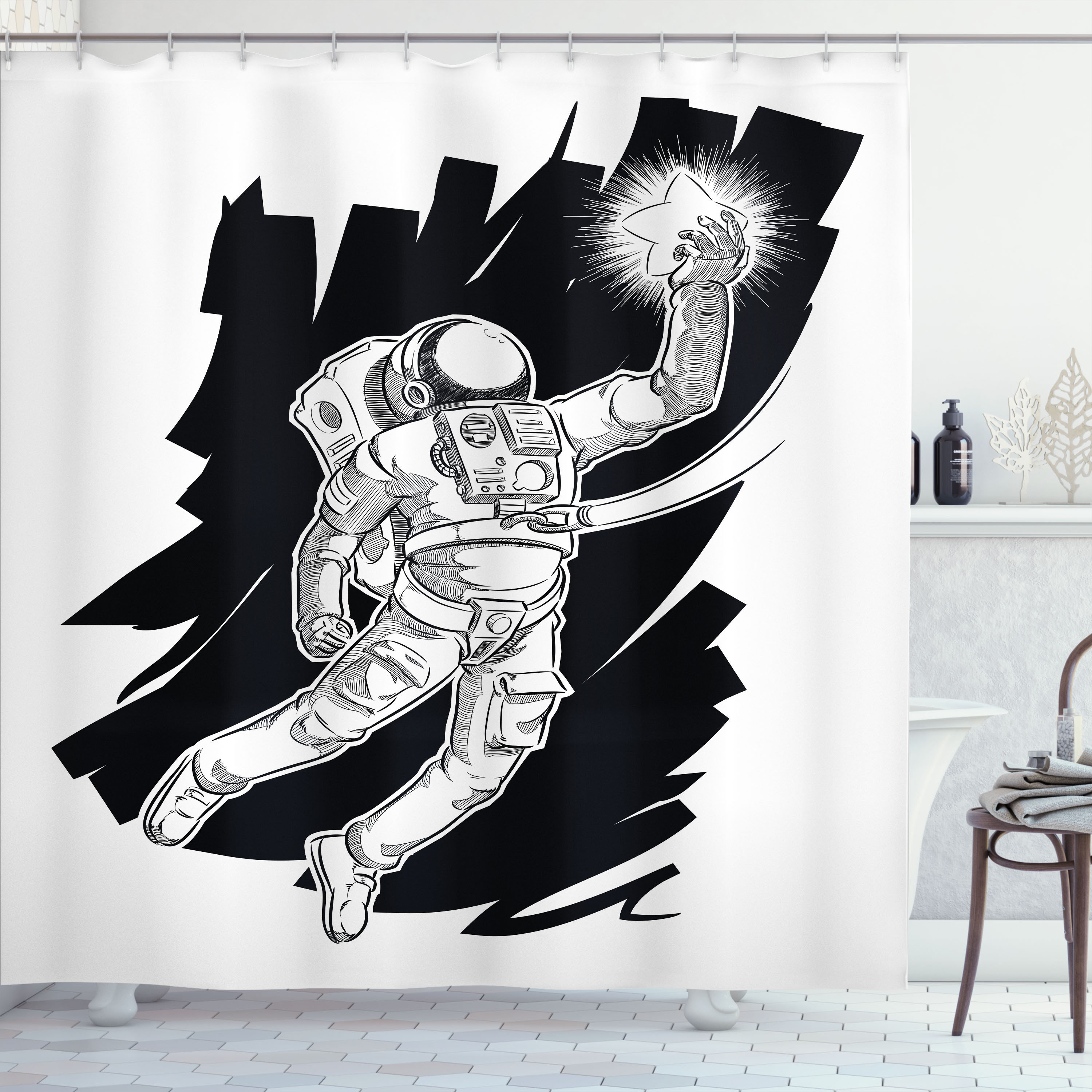 East Urban Home Astronaut Shower Curtain Grabbing Star Sketch Black ...