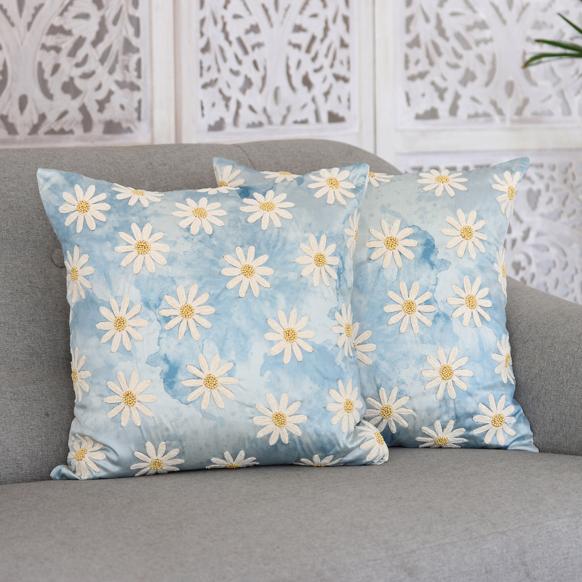 Novica Dyfan Floral Blue/Yellow/Beige Square Throw Pillow Cover | Wayfair