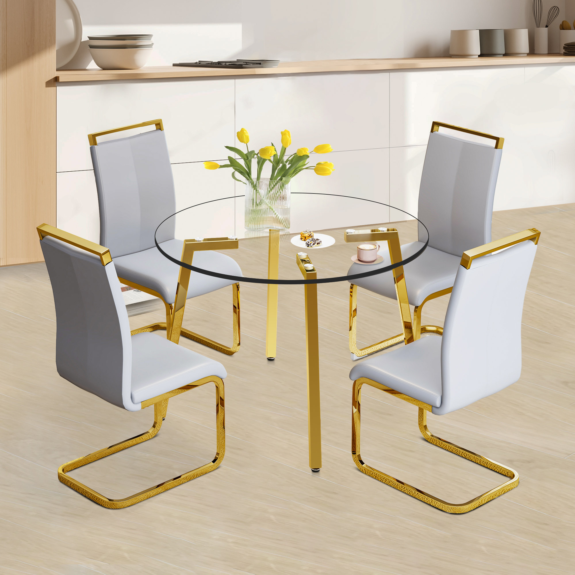 Mercer41 Allisandra Round Unfinished Glass Top Metal Base Dining Table ...