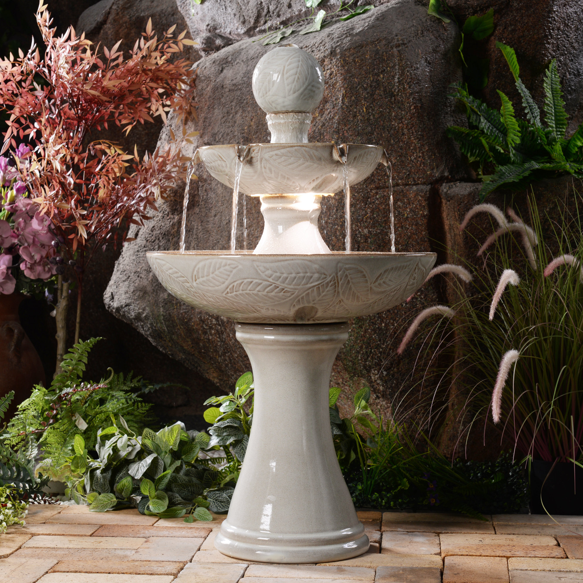 Gracie Oaks Stockton Enchanting 2 Tier Ceramic Fountain with Lights ...