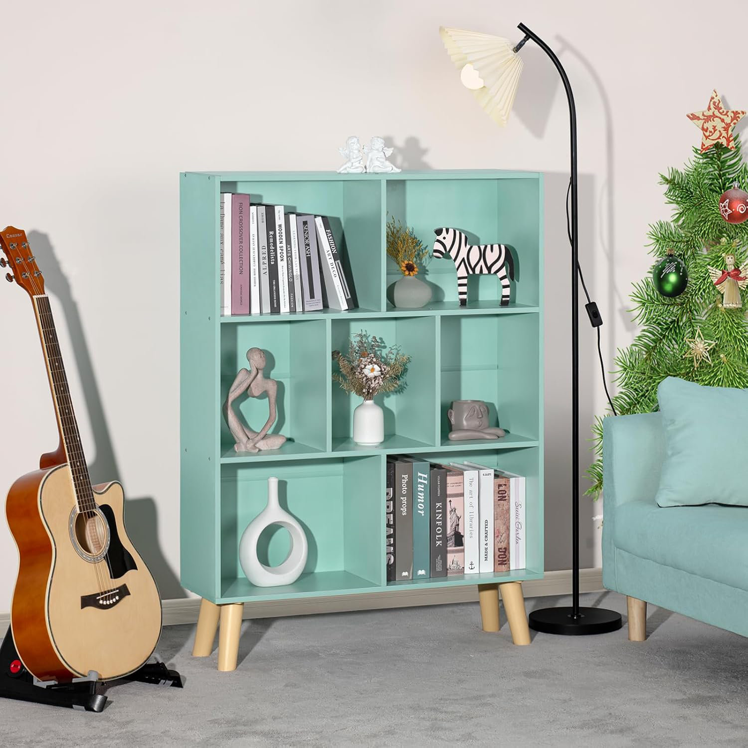 George Oliver 7 Cube Bookshelf 3-Tier Bookcase with Legs, Mint-Green ...