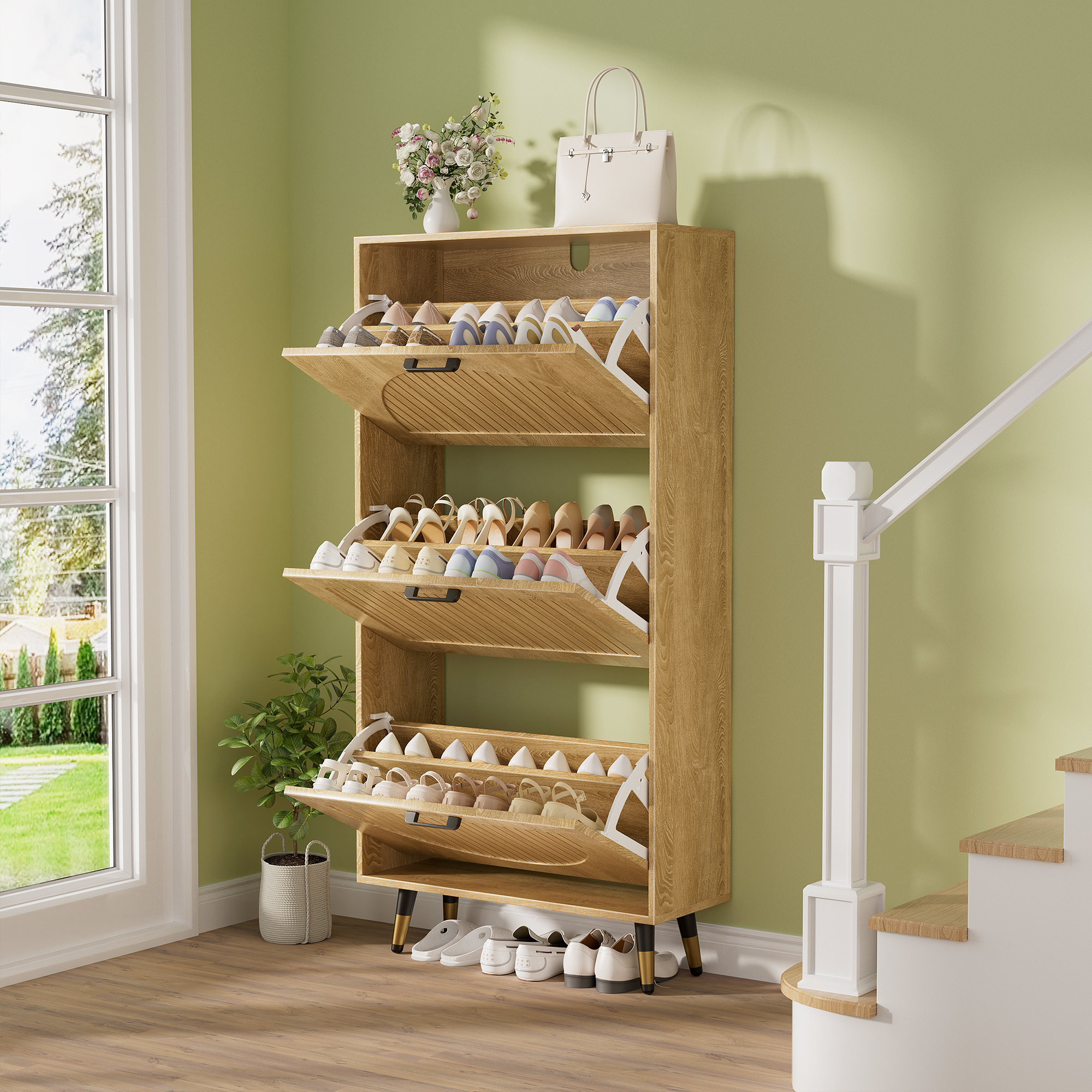 Bayou Breeze Rattan shoe cabinet with 3 flap drawers, metal legs, slim ...